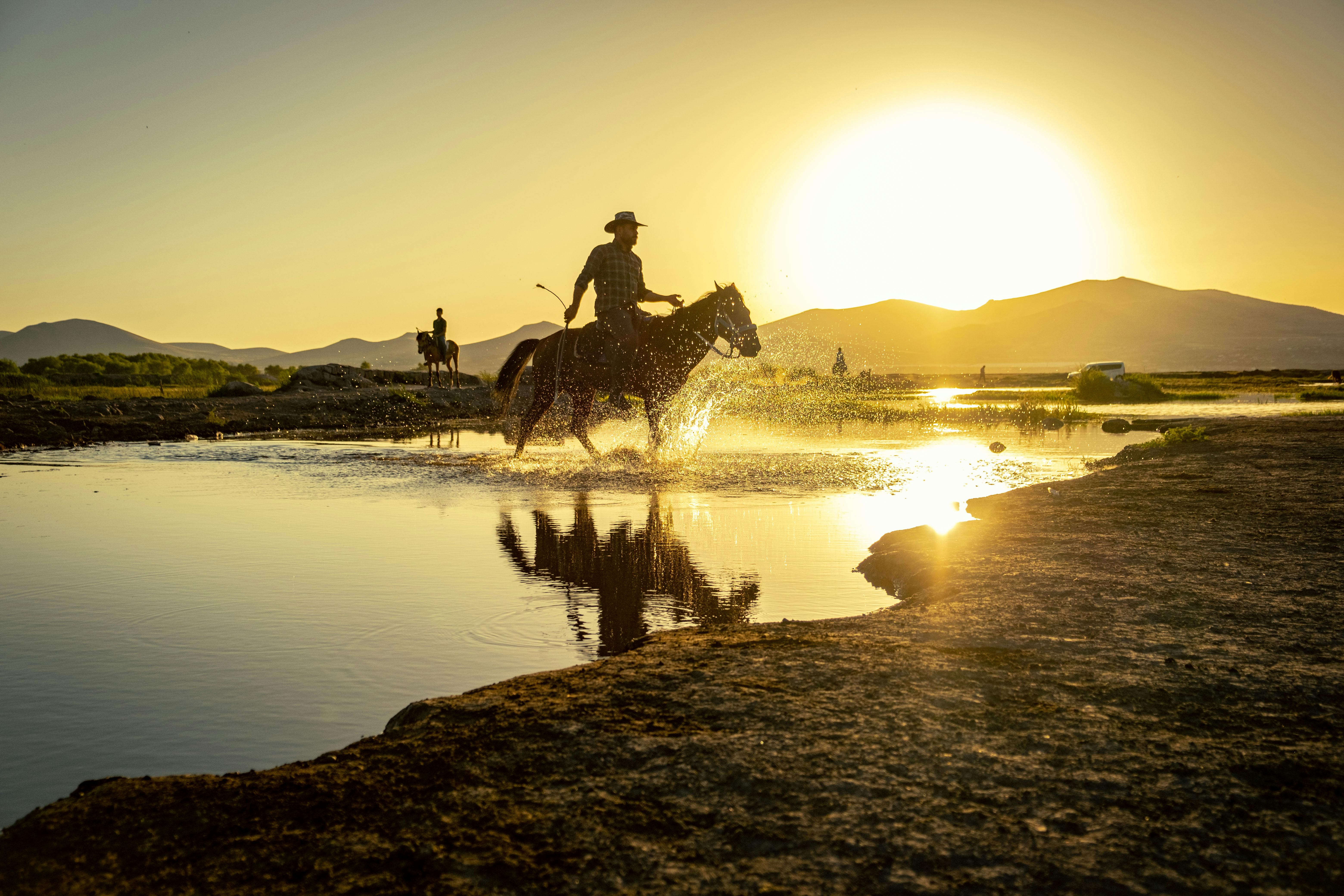 Cowboy Riding through Puddle at Sunset · Free Stock Photo