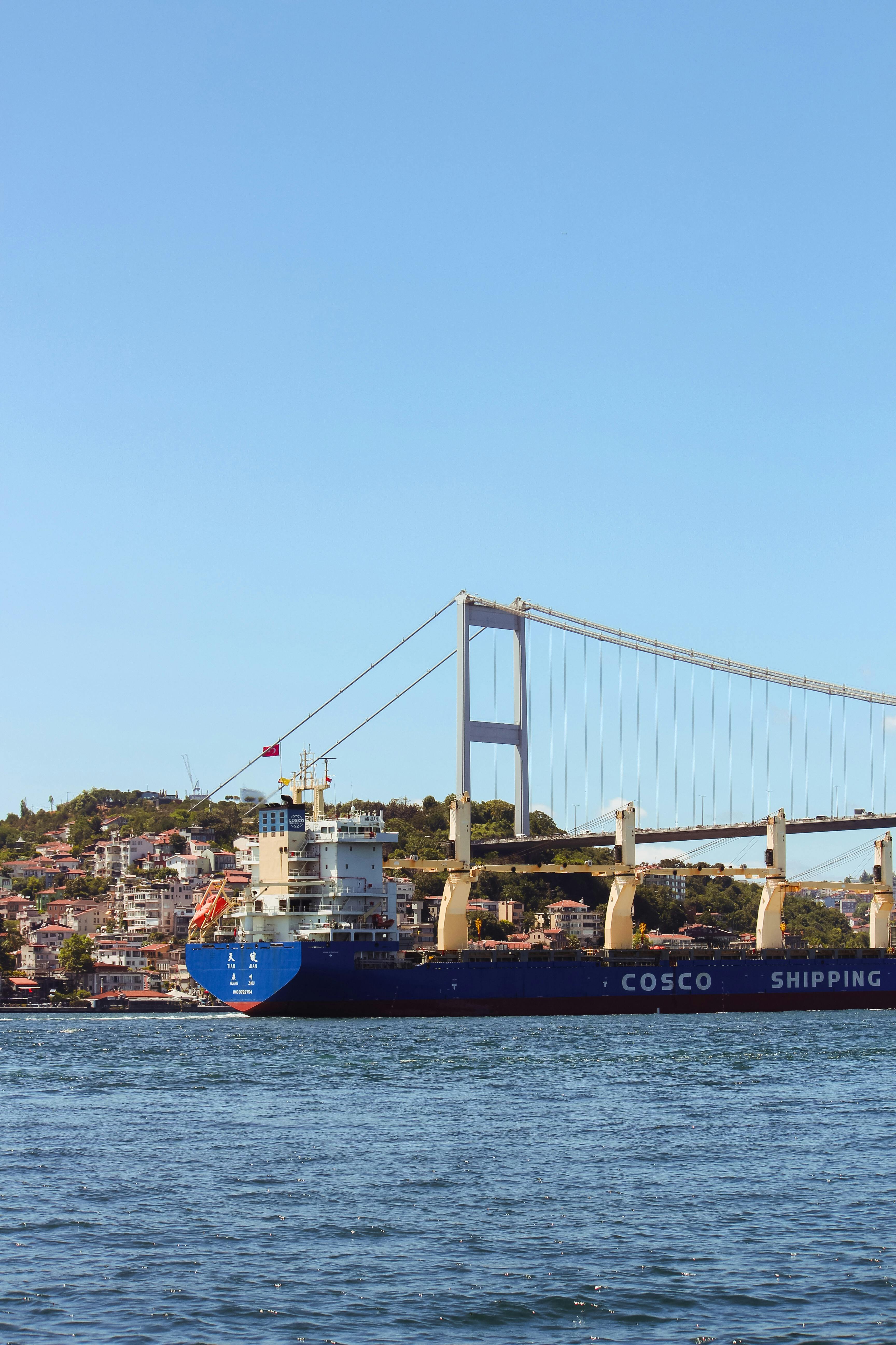 Container Ship under Bridge in Istanbul · Free Stock Photo
