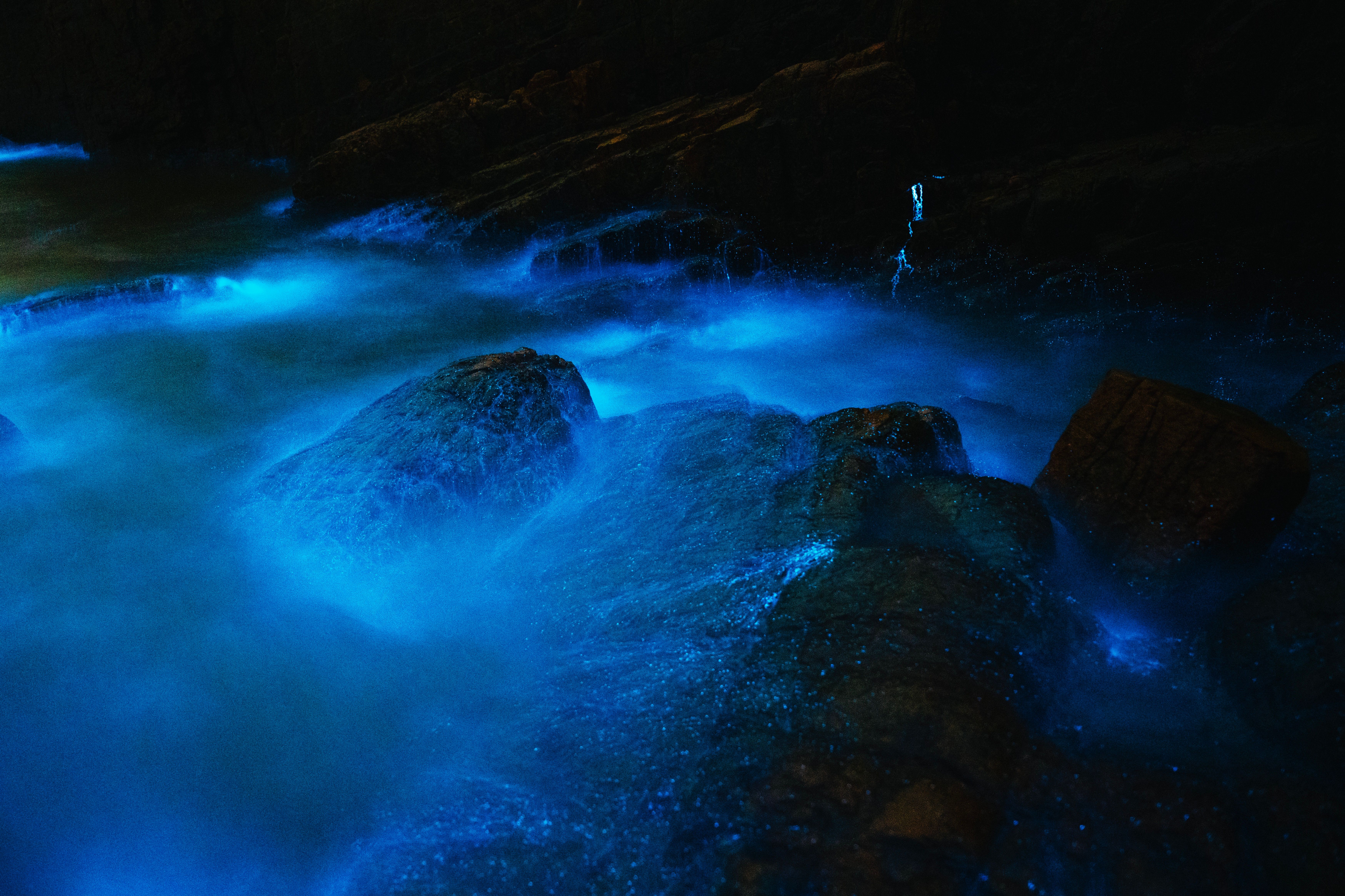 Blue light glowing in the water at night · Free Stock Photo