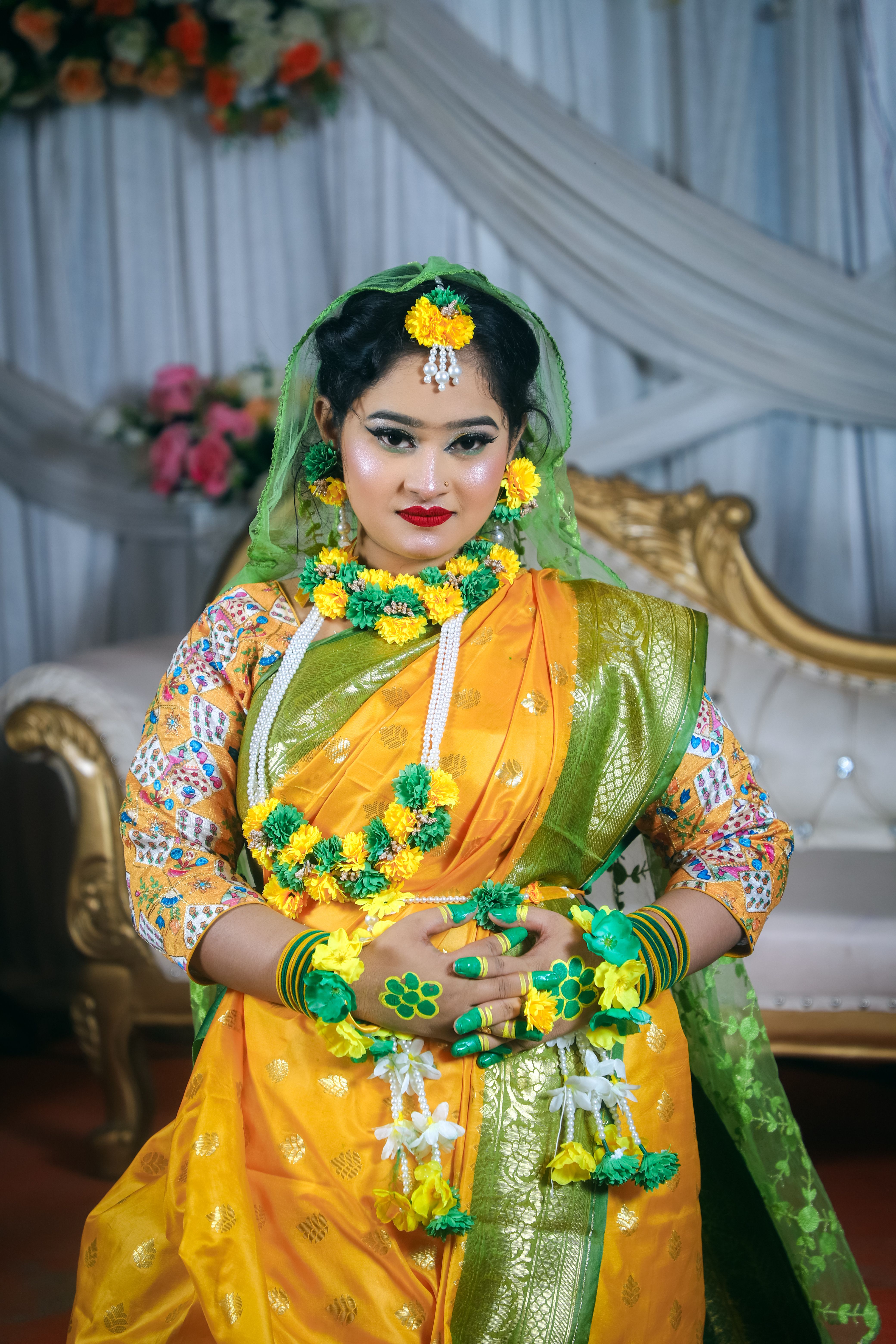 Brunette Woman Posing Wearing Green and Yellow Traditional Sari Dress ...
