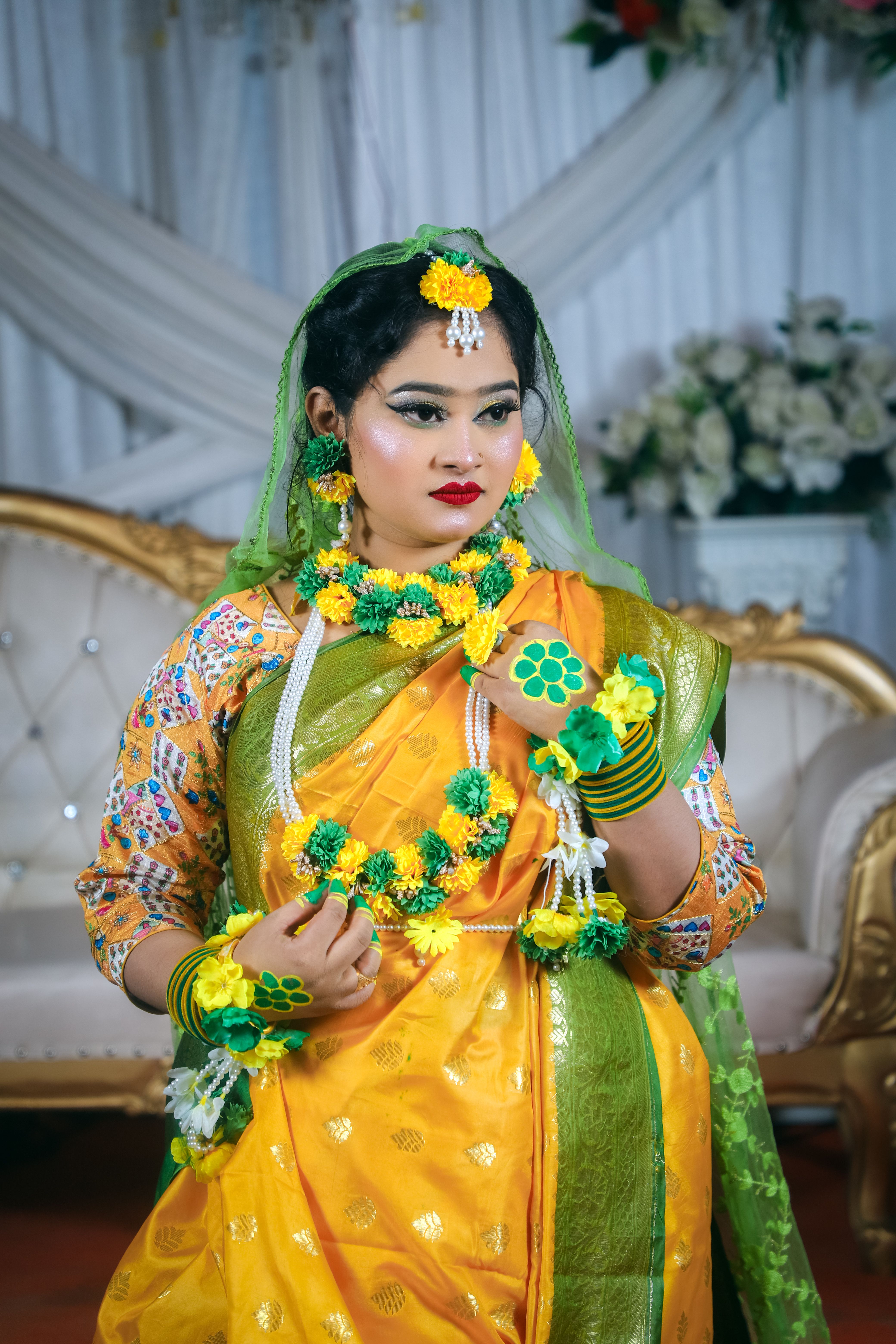 Brunette Woman Posing in Traditional Colorful Sari Dress with Flower ...