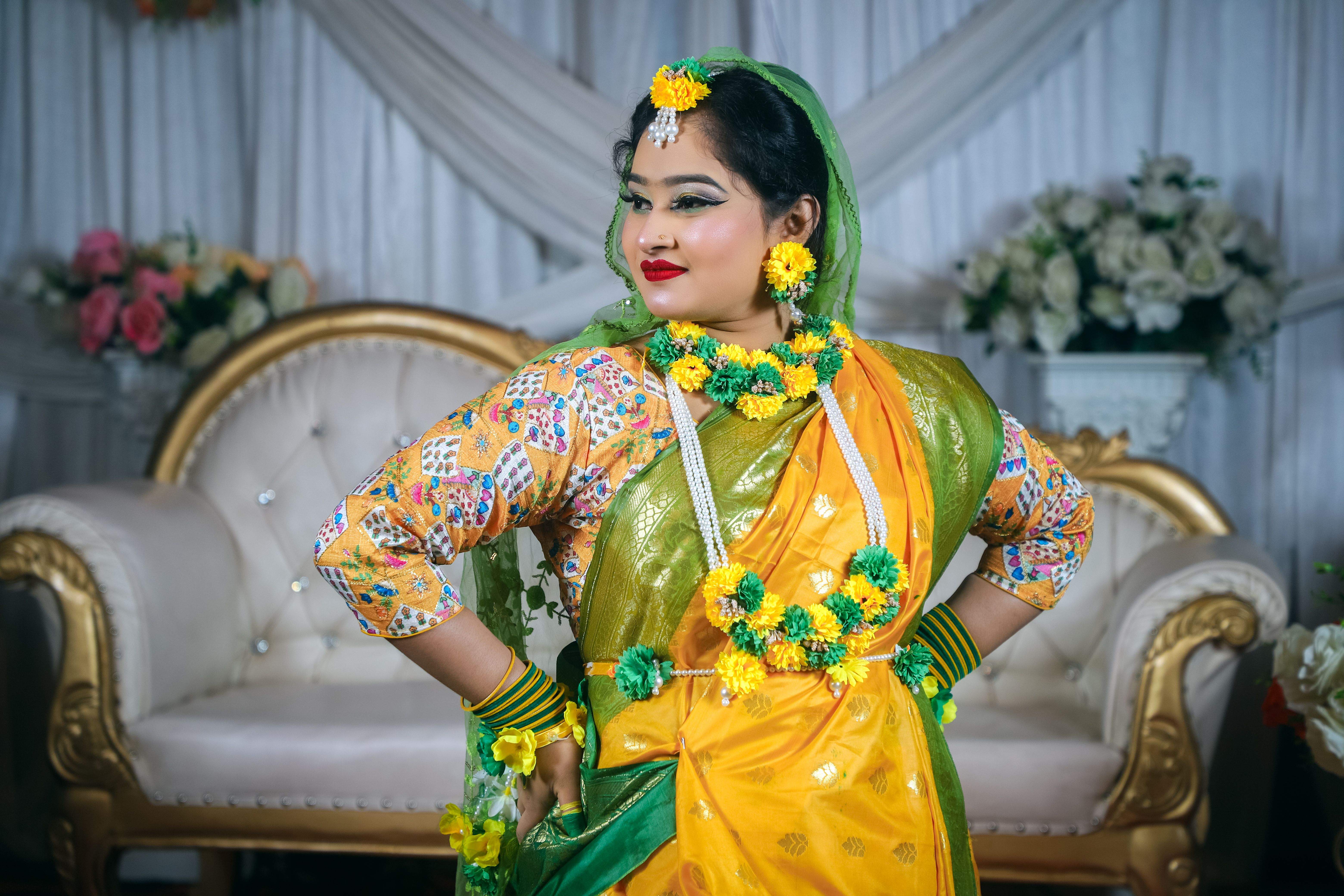 Brunette Woman Posing in Colorful Traditional Sari Dress · Free Stock Photo