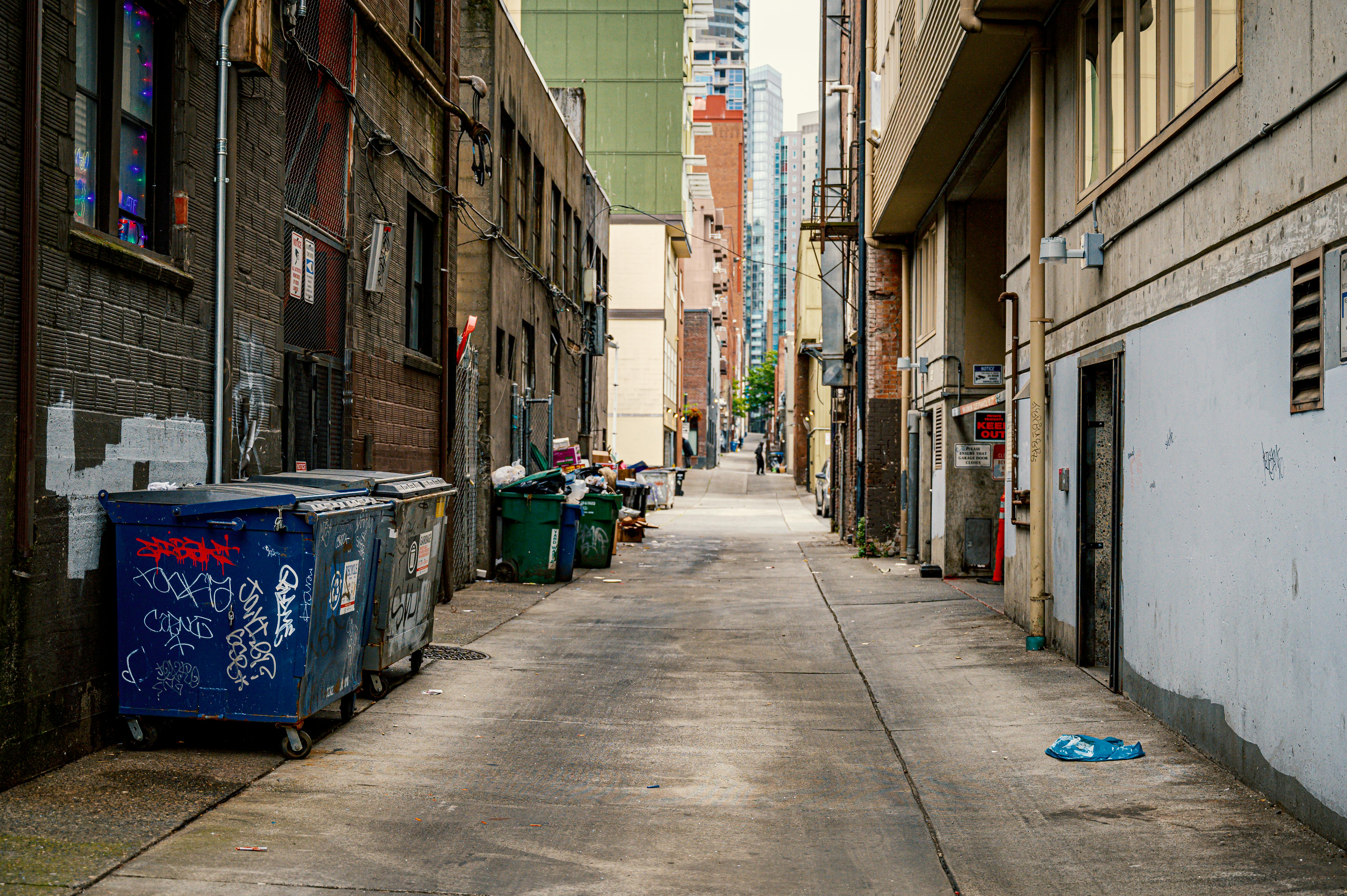 A narrow alleyway with trash cans and a building · Free Stock Photo