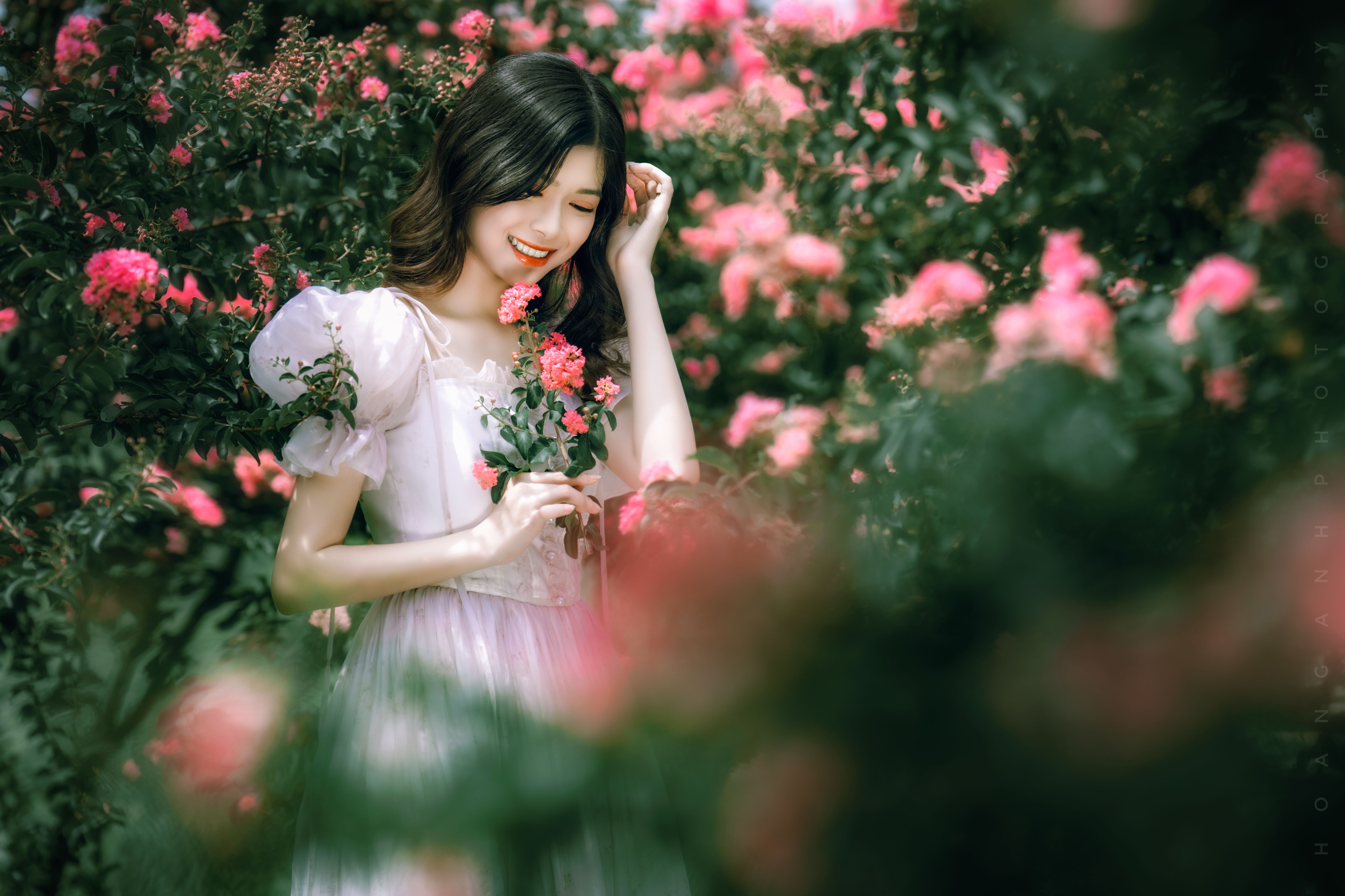 Woman Behind Pink Flowers · Free Stock Photo