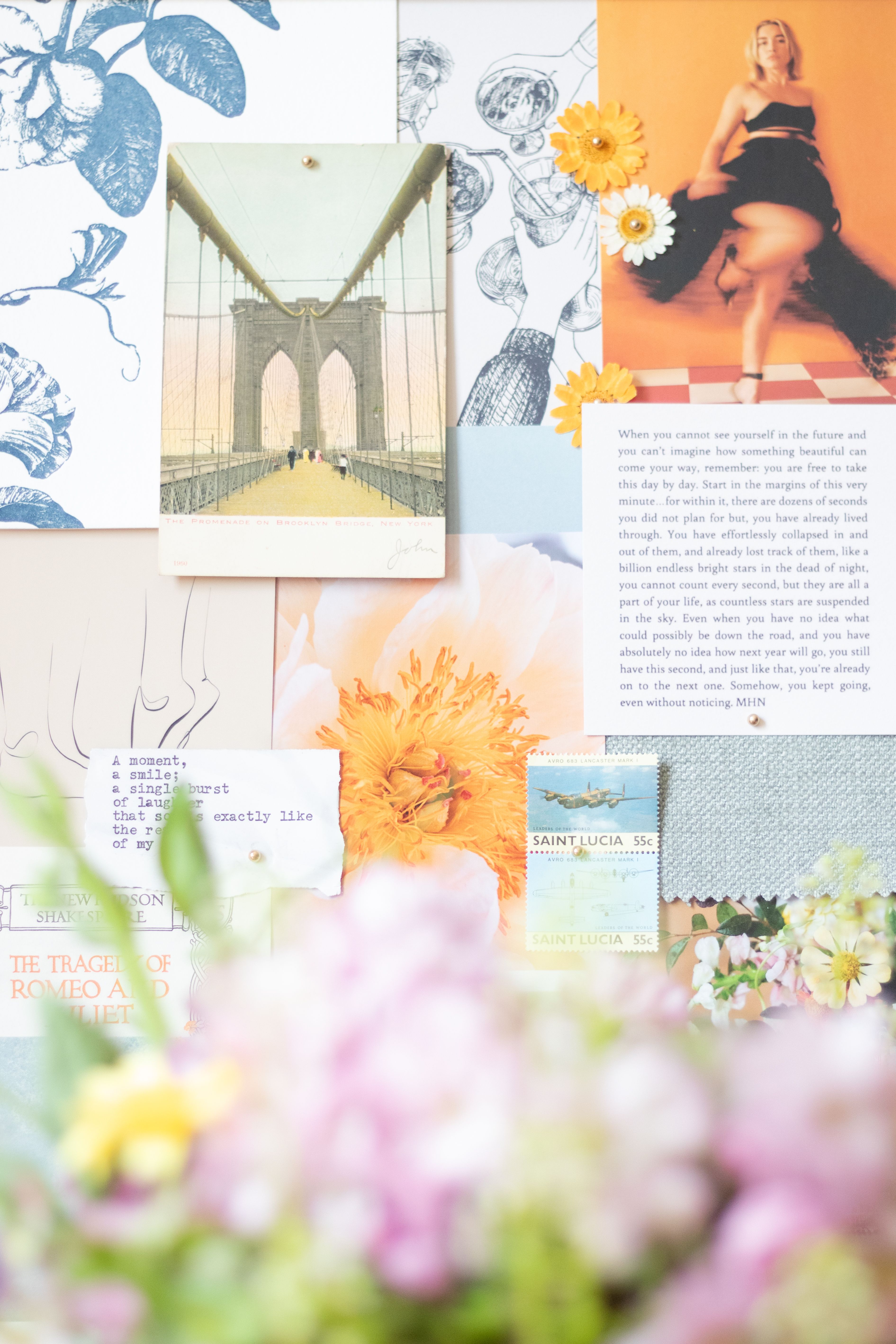 A collage of flowers and a photo of a bridge · Free Stock Photo