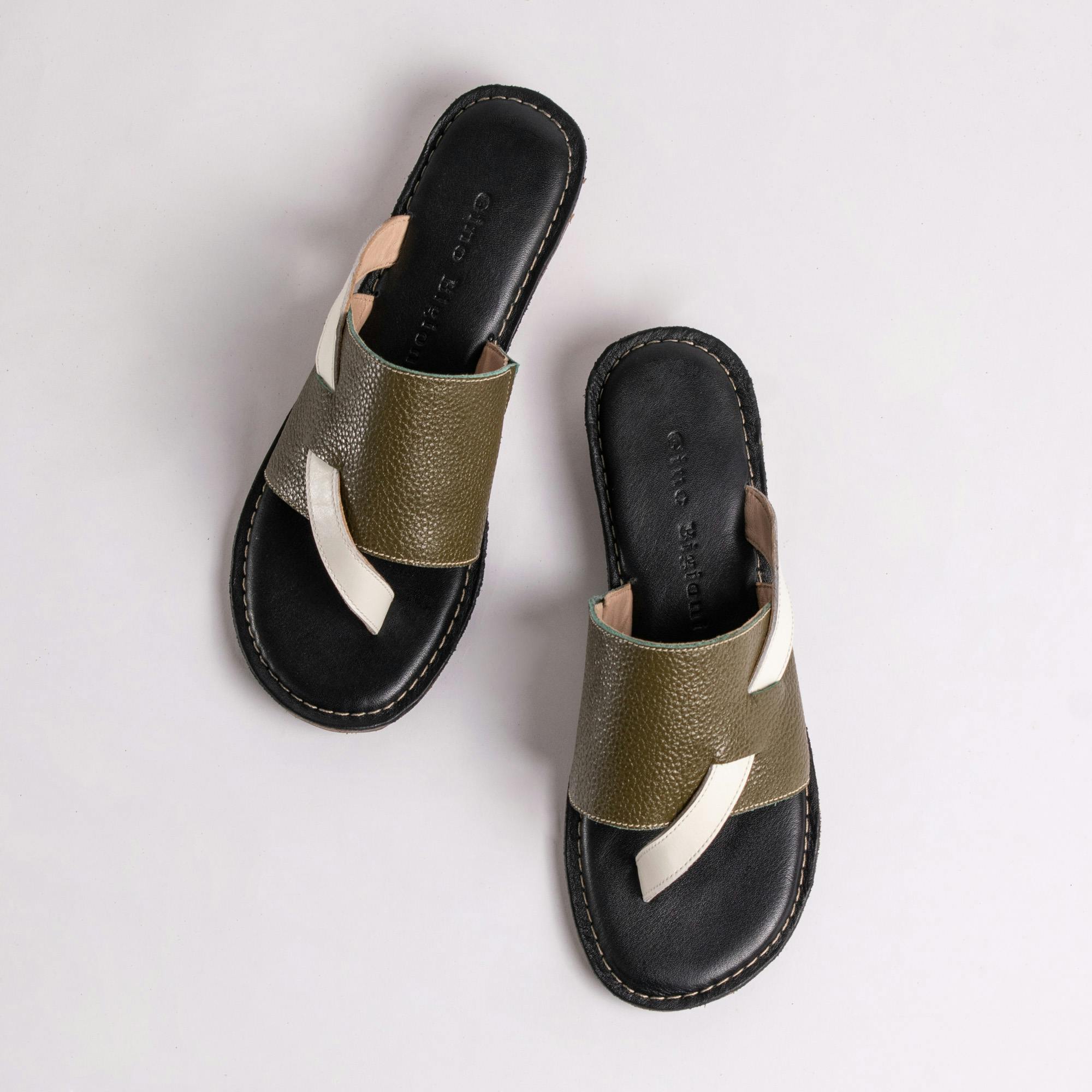 Top View of Olive Leather Sandals · Free Stock Photo