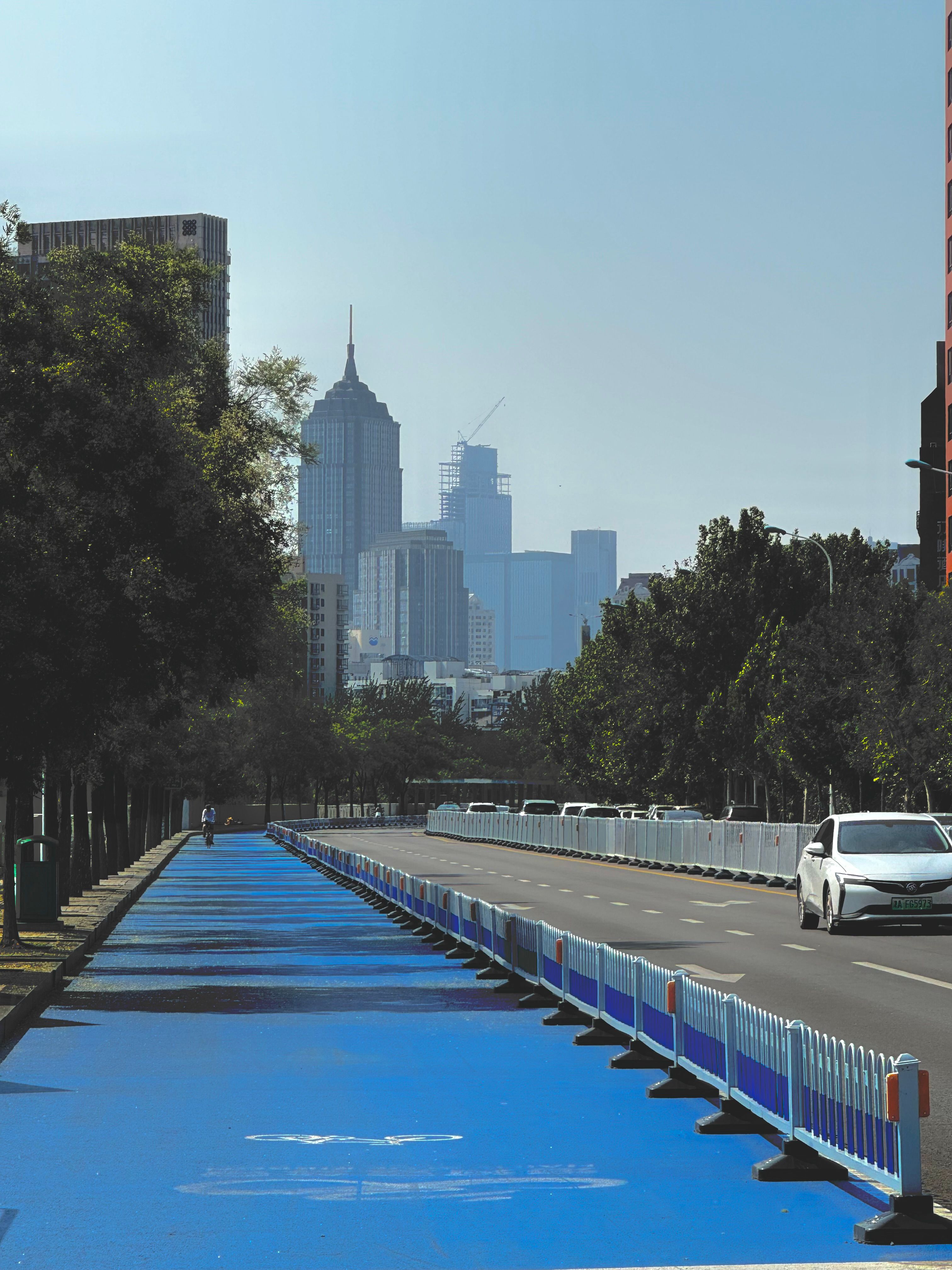 Blue Bicycle Lane Stretching along a City Road · Free Stock Photo