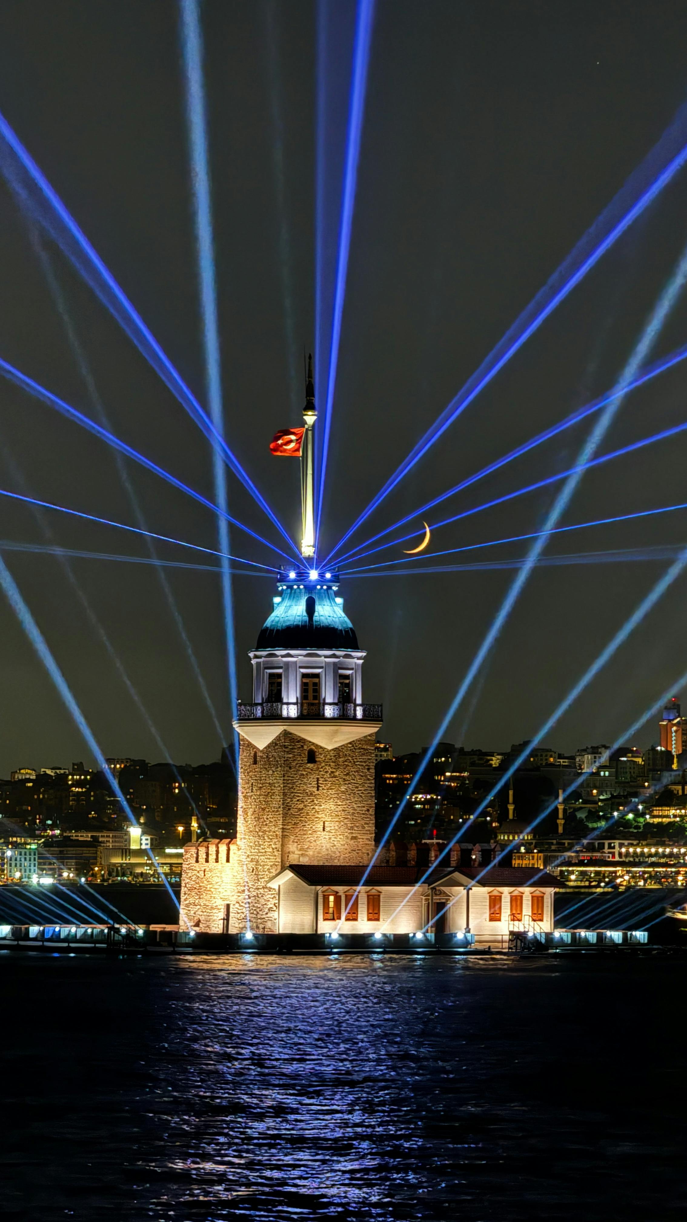 Laser Light Sow Coming off Maidens Tower on Islet in Istanbul in Turkey ...
