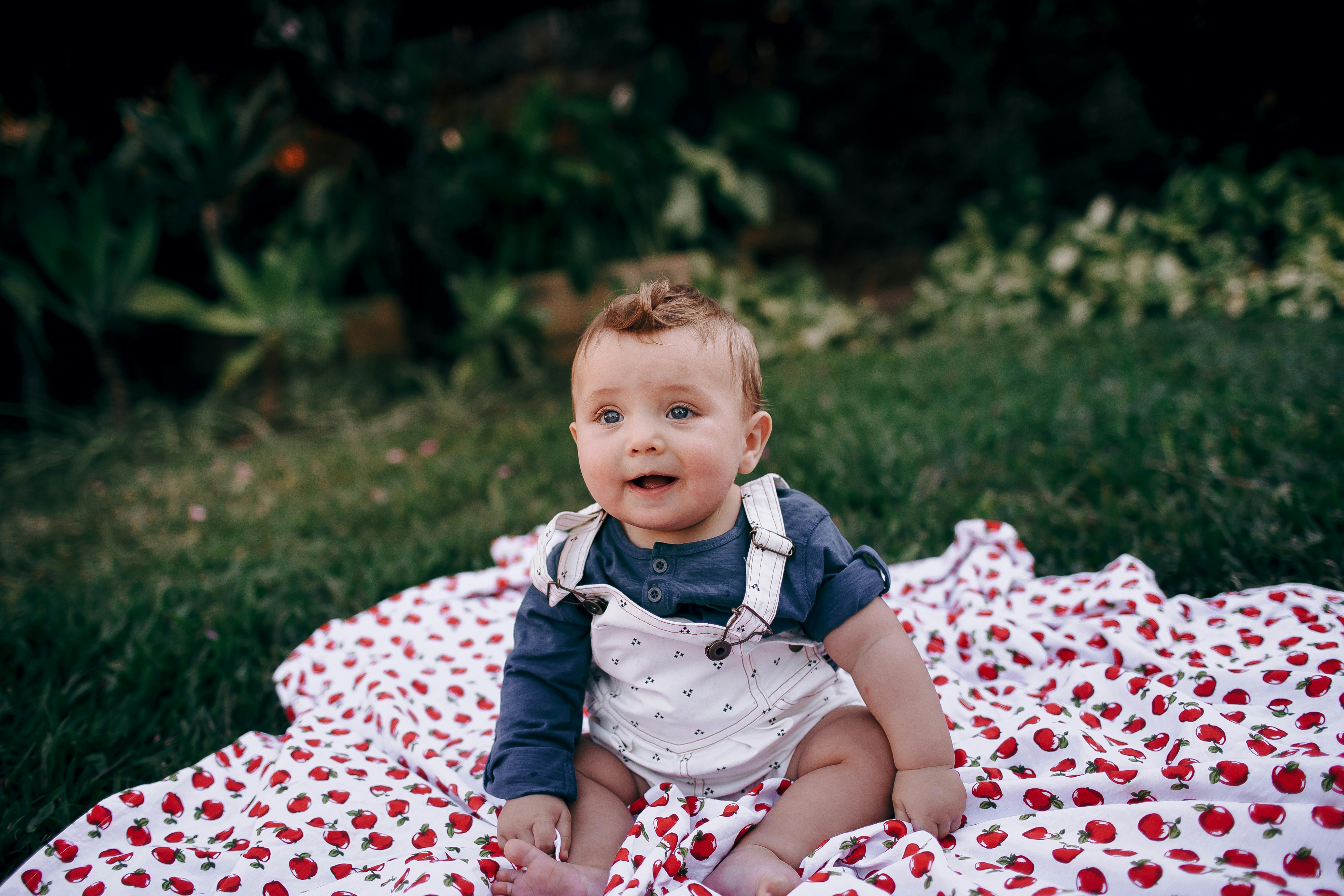 Baby Boy in Overalls Sitting on Picnic Blanket · Free Stock Photo