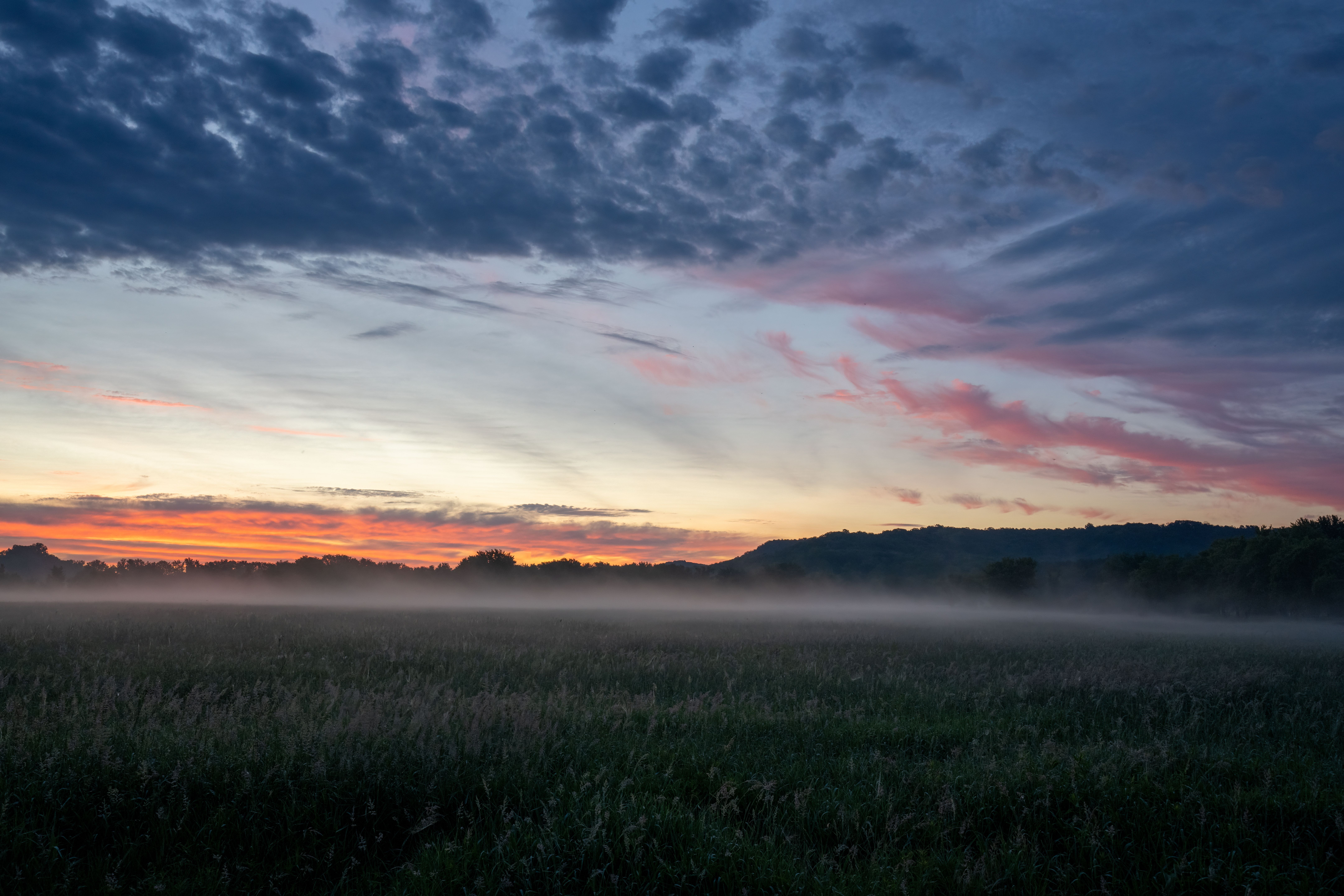 A sunrise over a field with fog · Free Stock Photo