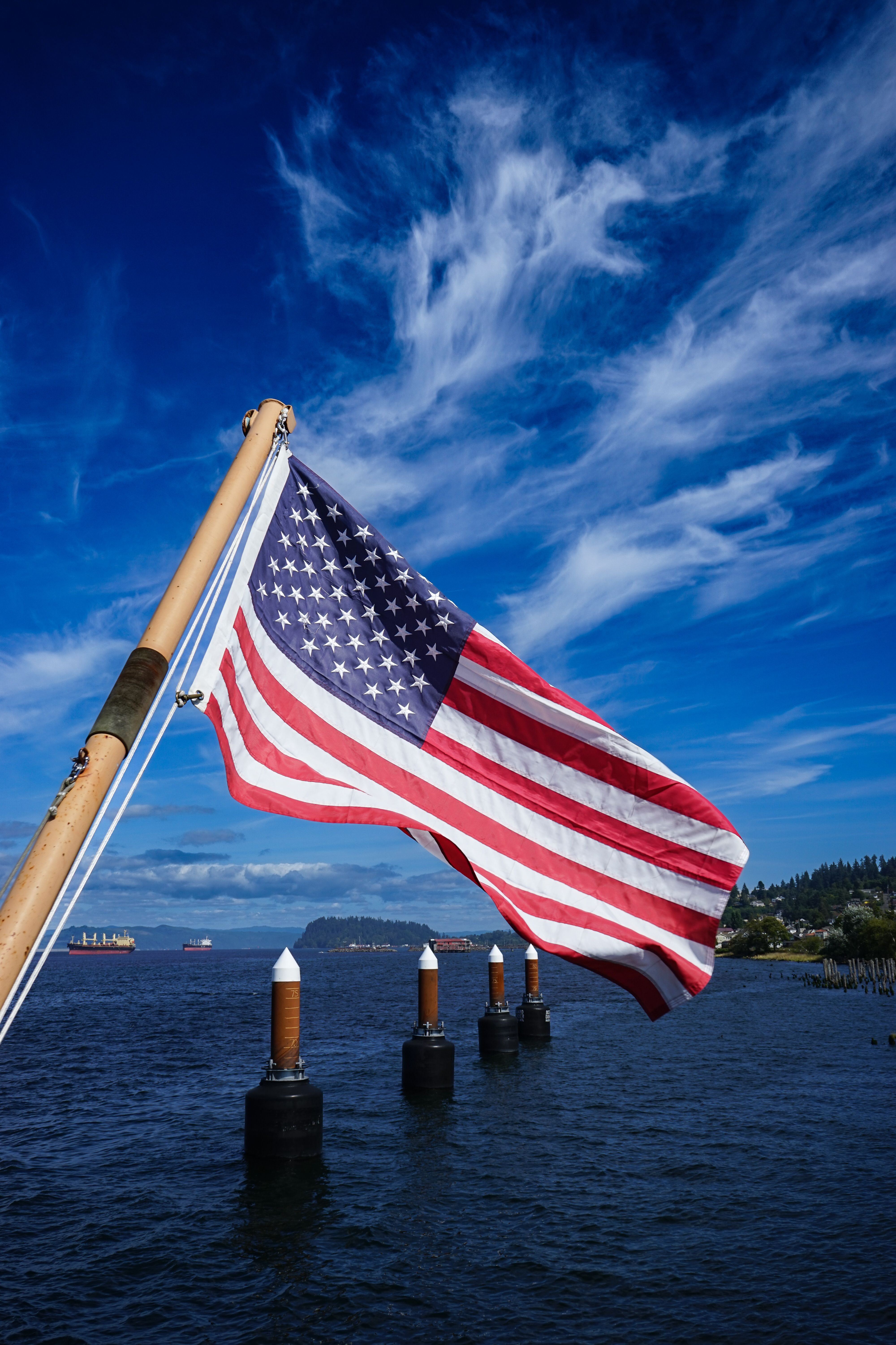 Flag of USA behind Sailing Ship · Free Stock Photo