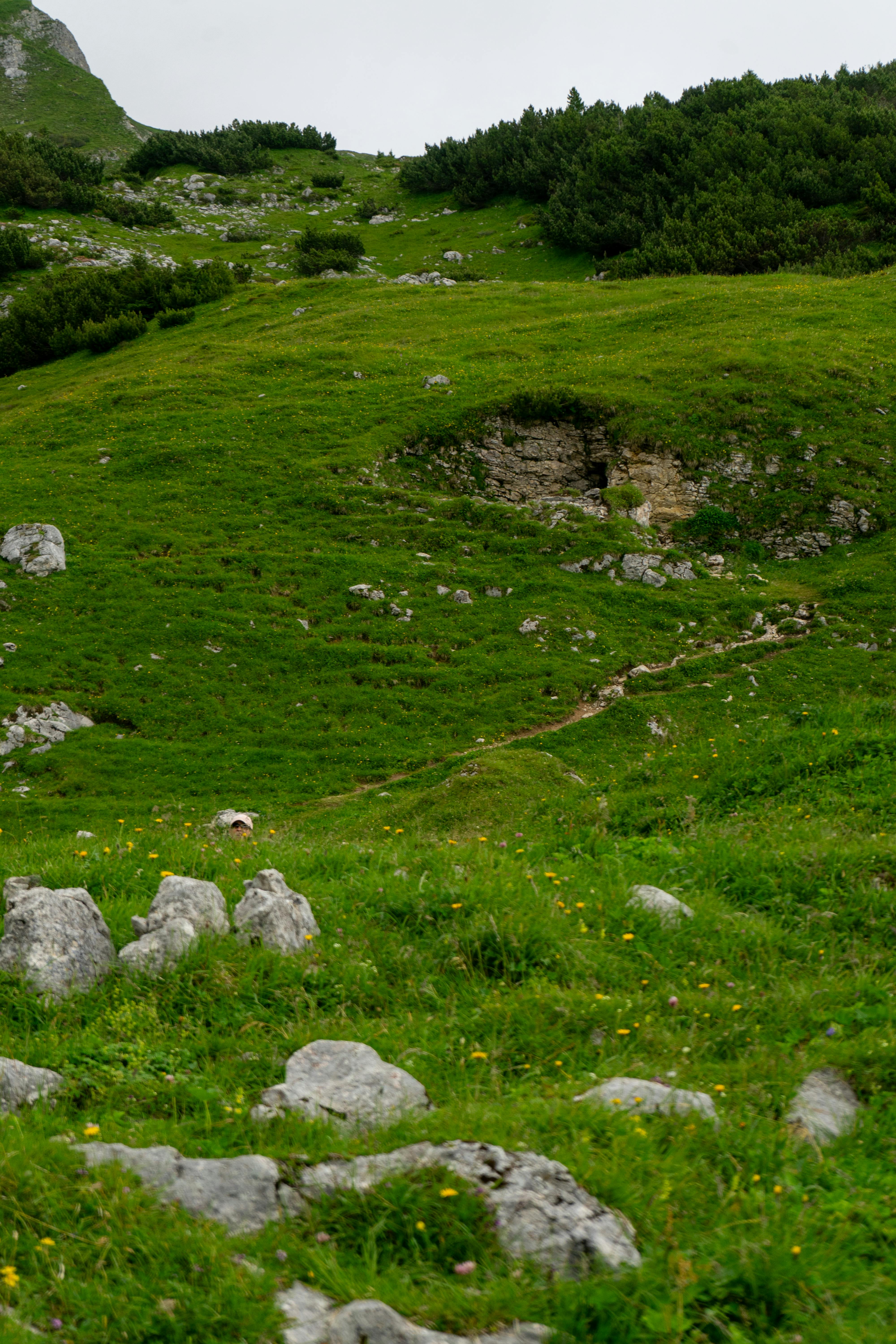 A grassy hillside with rocks and a cave · Free Stock Photo