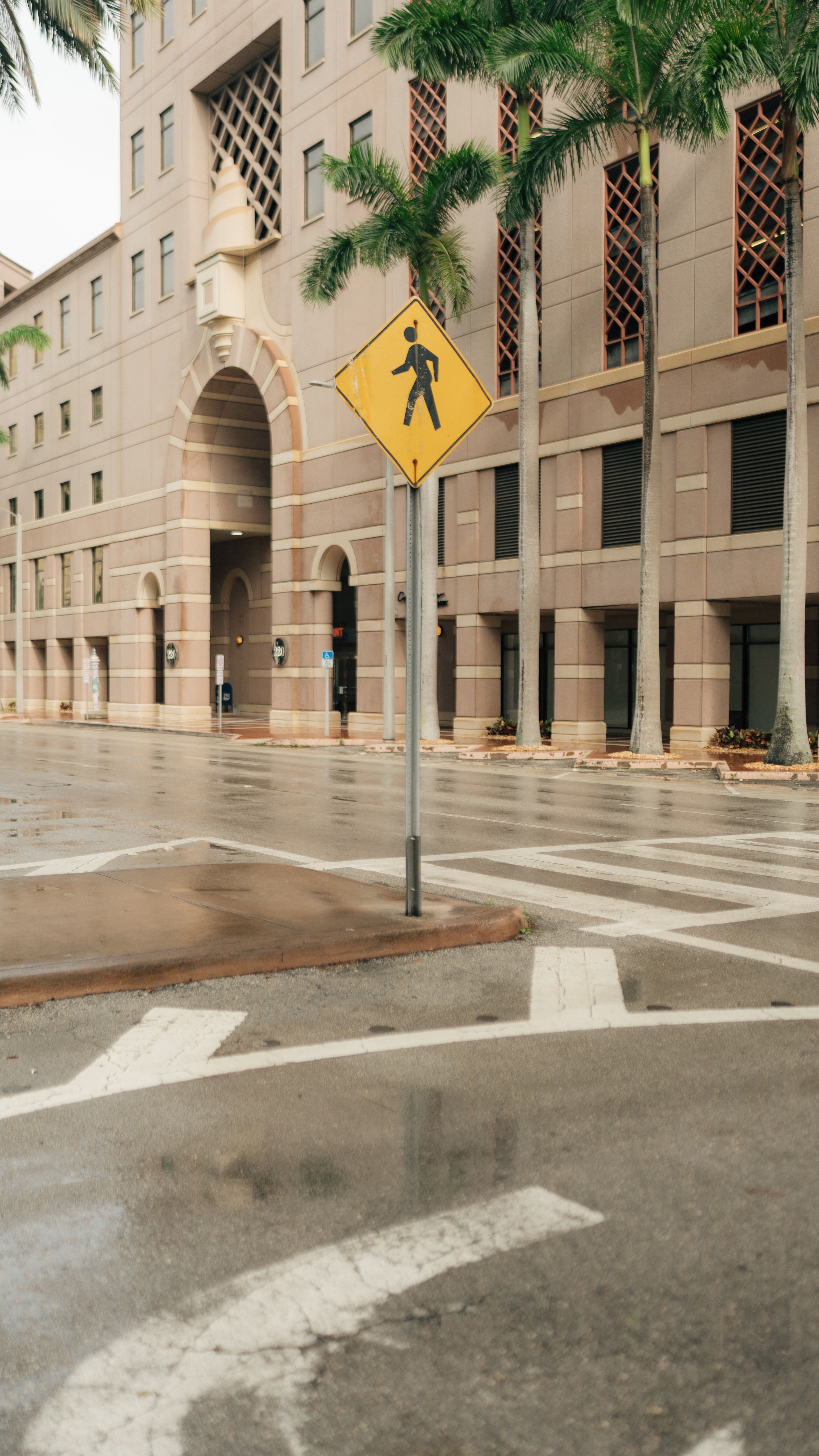 A street sign is in the middle of a wet street · Free Stock Photo
