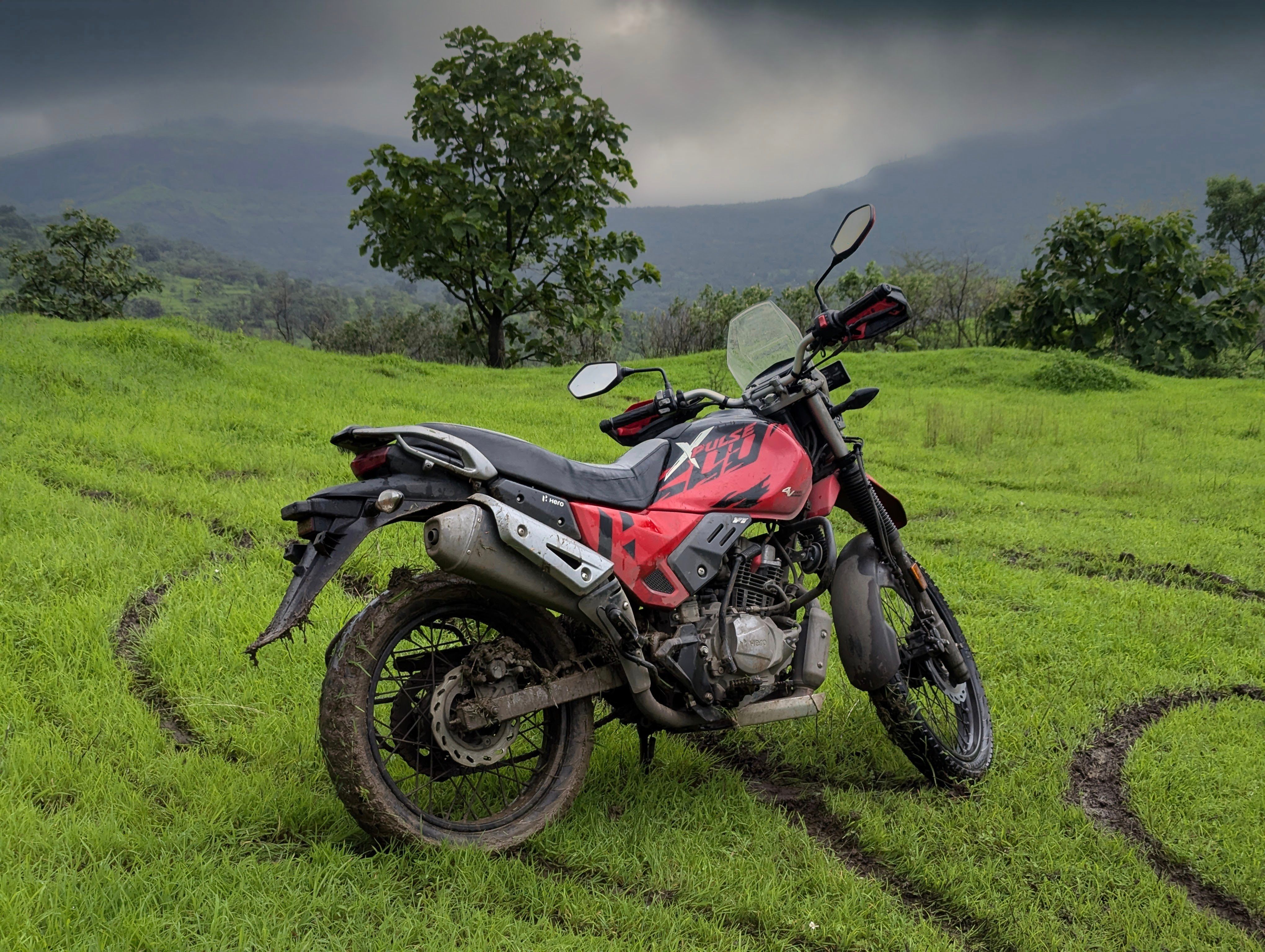 A red motorcycle parked in a grassy field · Free Stock Photo