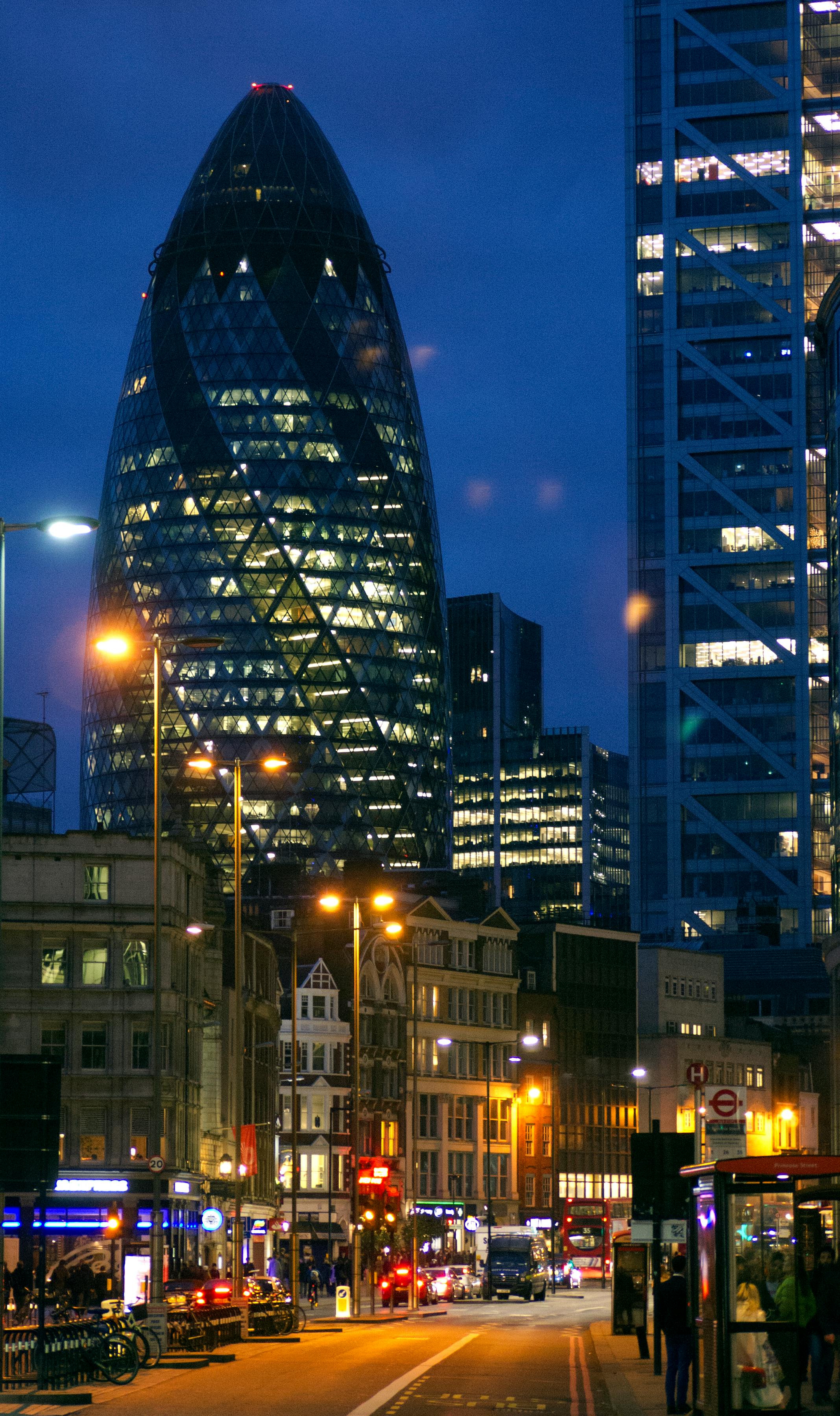 The Gherkin at night and London Street · Free Stock Photo