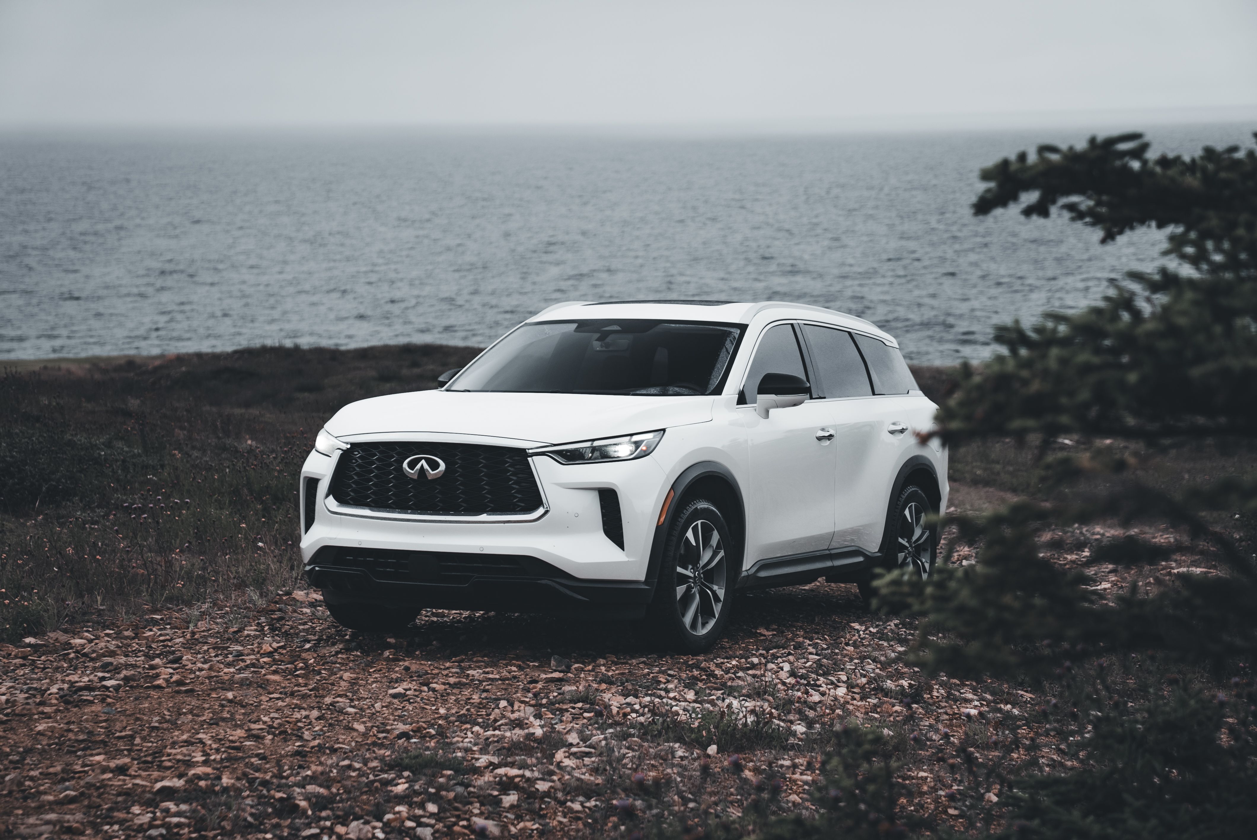 The 2019 infiniti suv parked on a rocky beach · Free Stock Photo