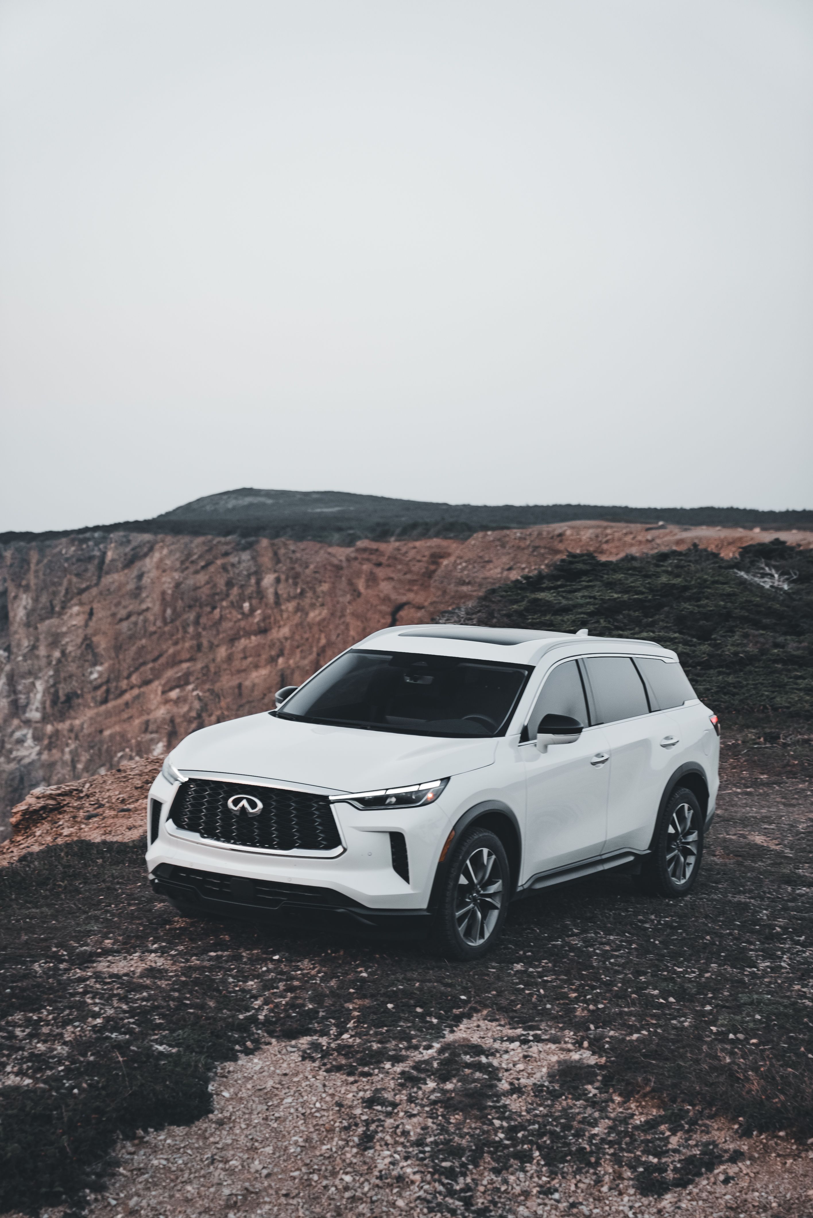 The white 2020 infiniti suv parked on a cliff · Free Stock Photo