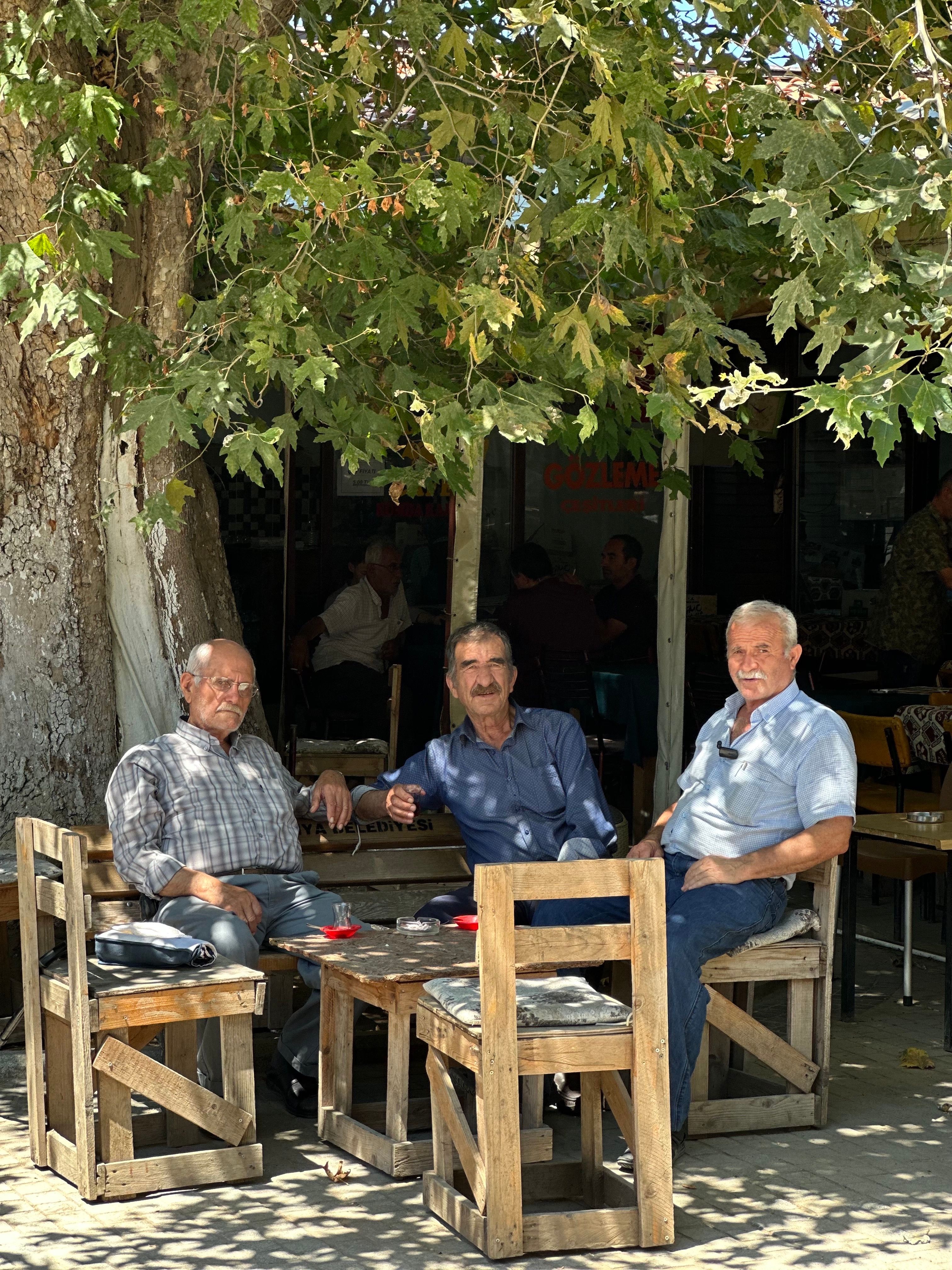 Three men sitting at a table under a tree · Free Stock Photo
