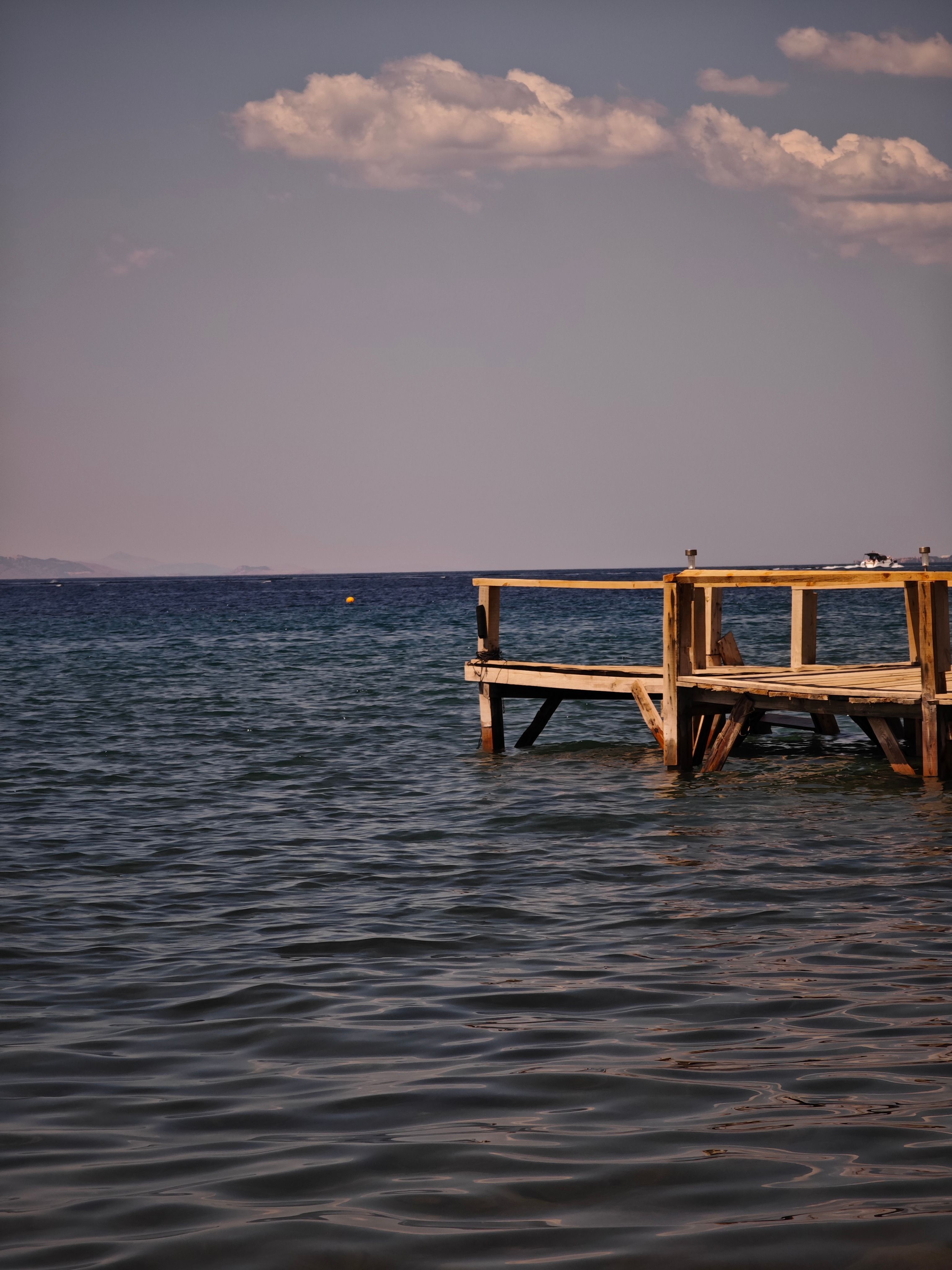 A wooden pier in the ocean with a bird flying over it · Free Stock Photo