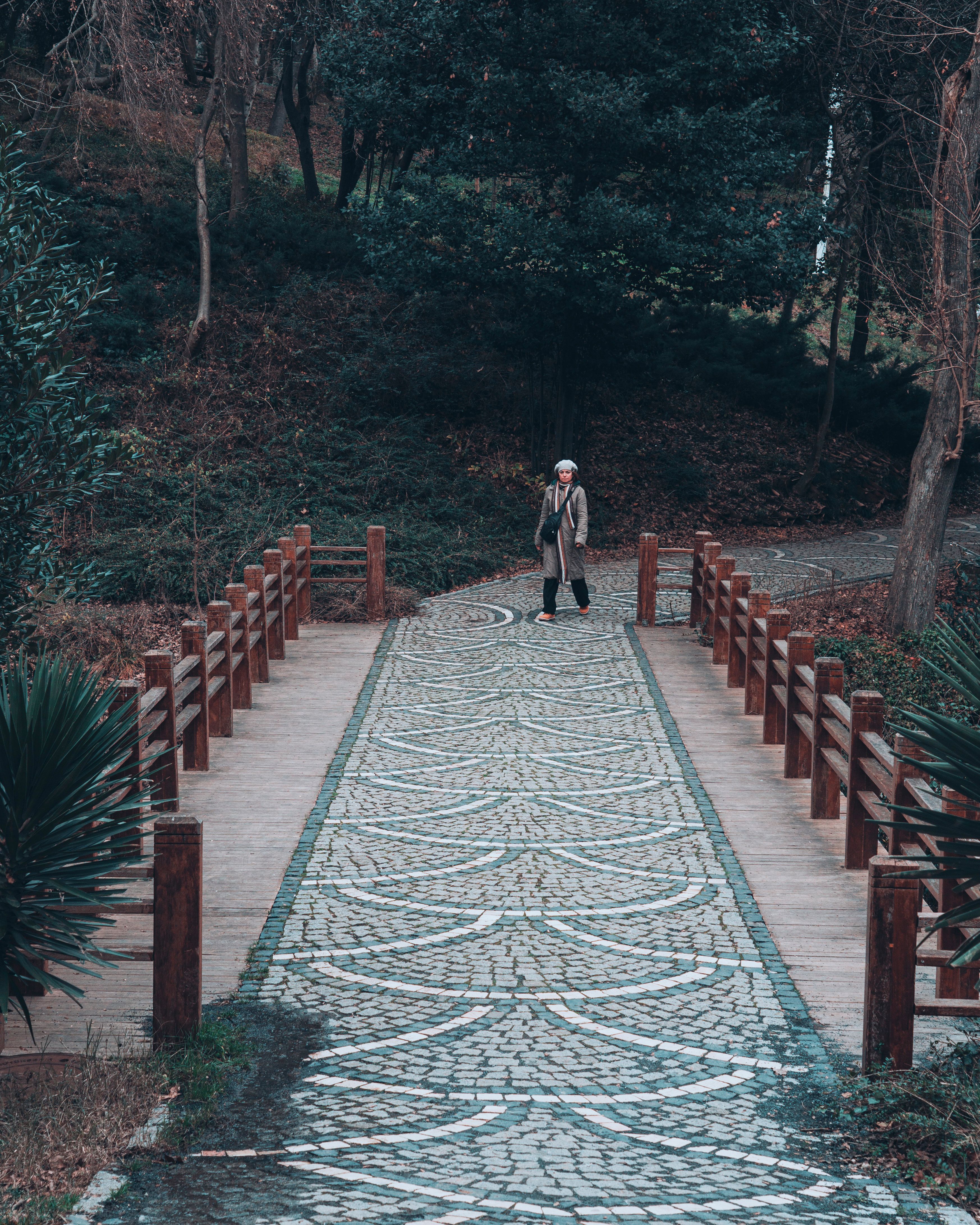 A man walking on a walkway with a dog · Free Stock Photo