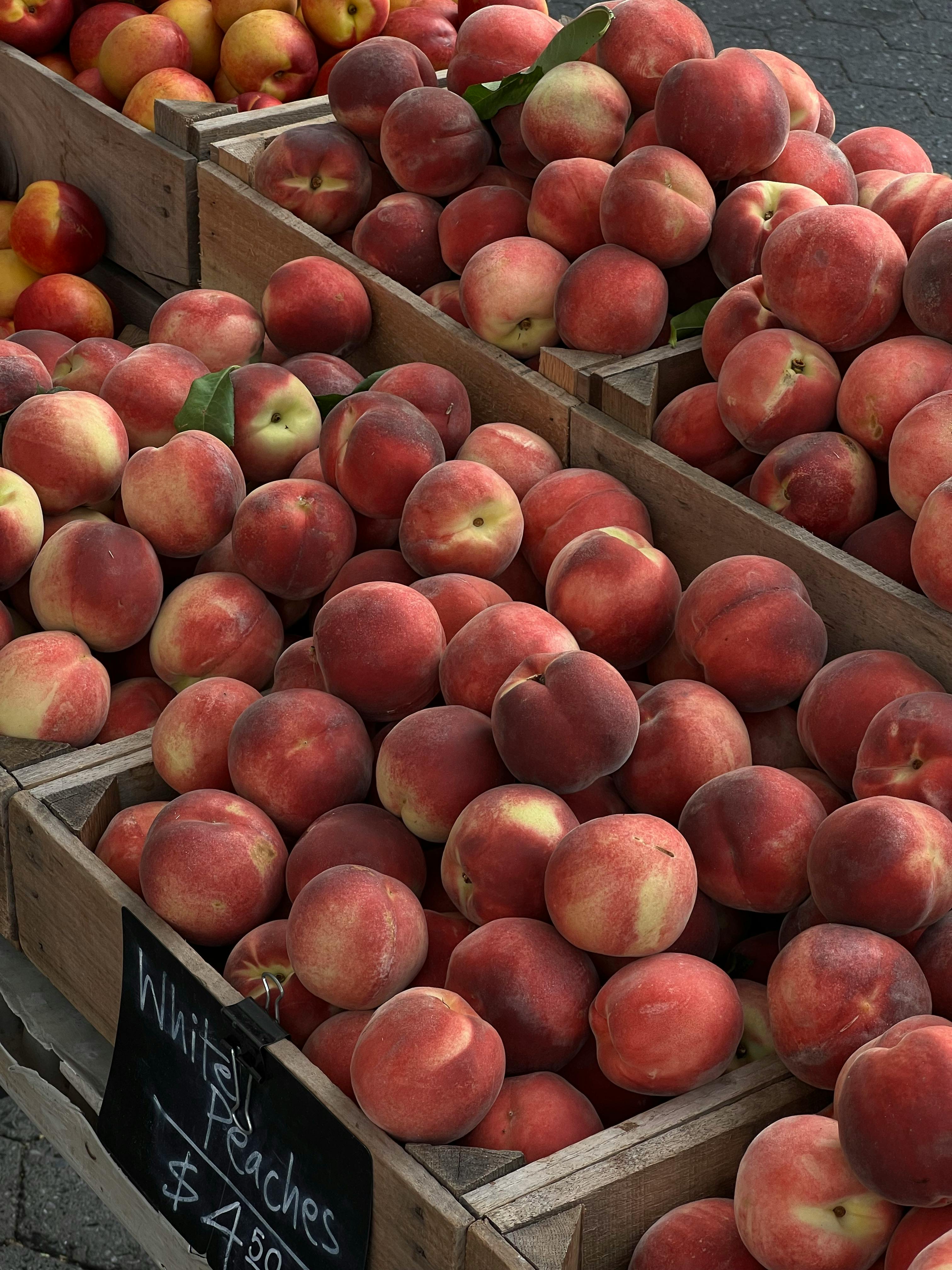 A bunch of peaches are in wooden crates · Free Stock Photo