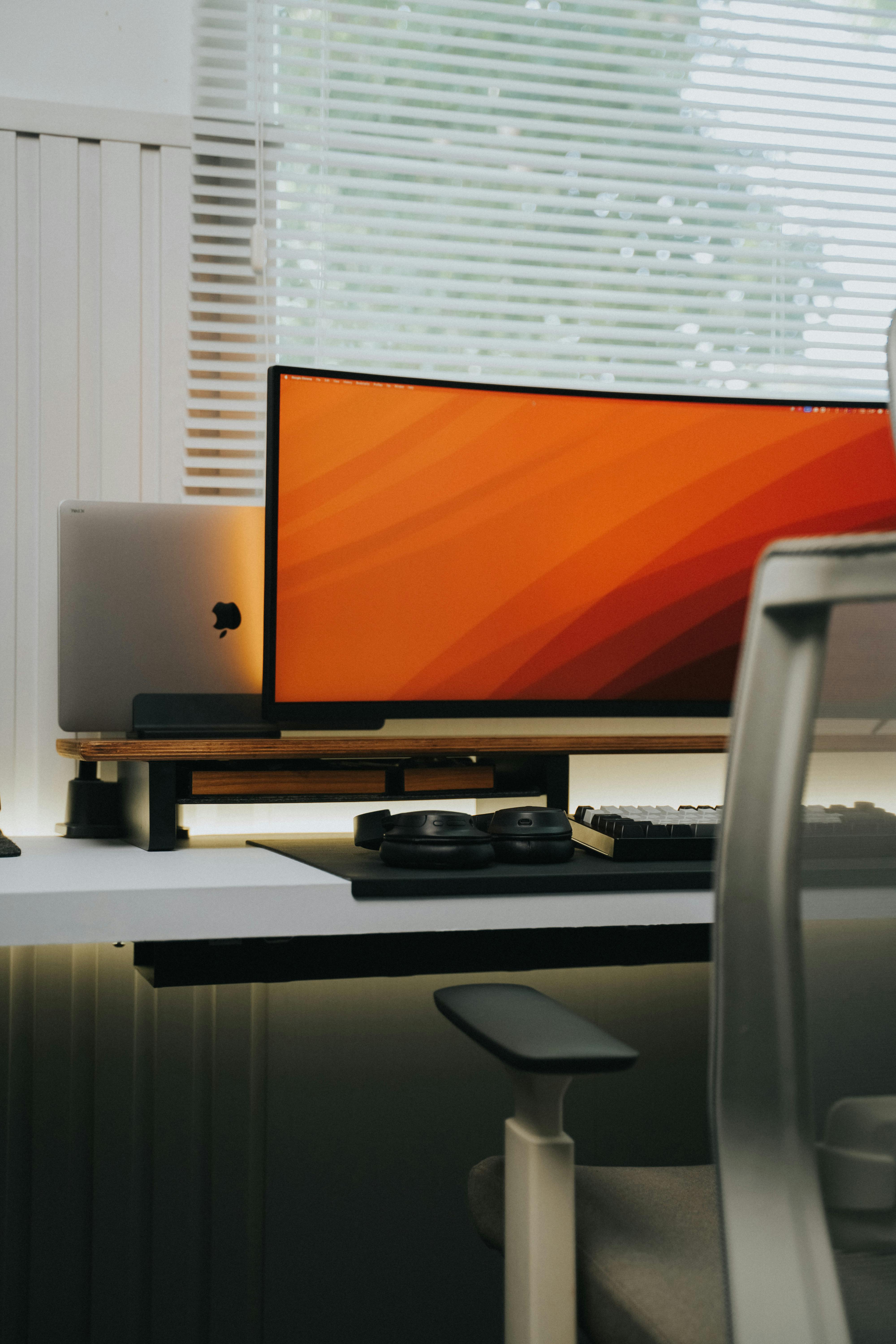 Black Desk with Computer Near Window with Blinds · Free Stock Photo