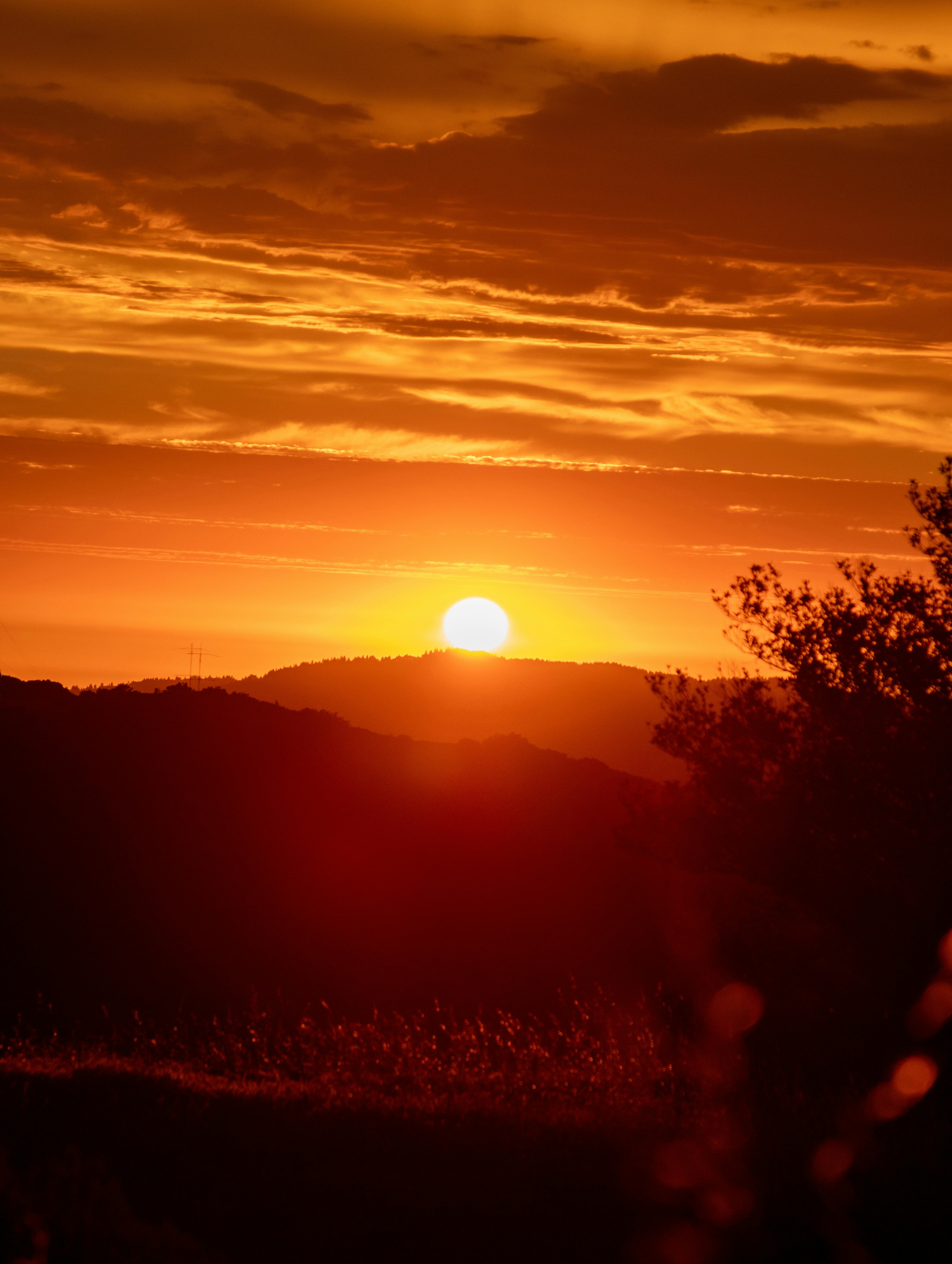 A sunset is seen over a hill with trees · Free Stock Photo