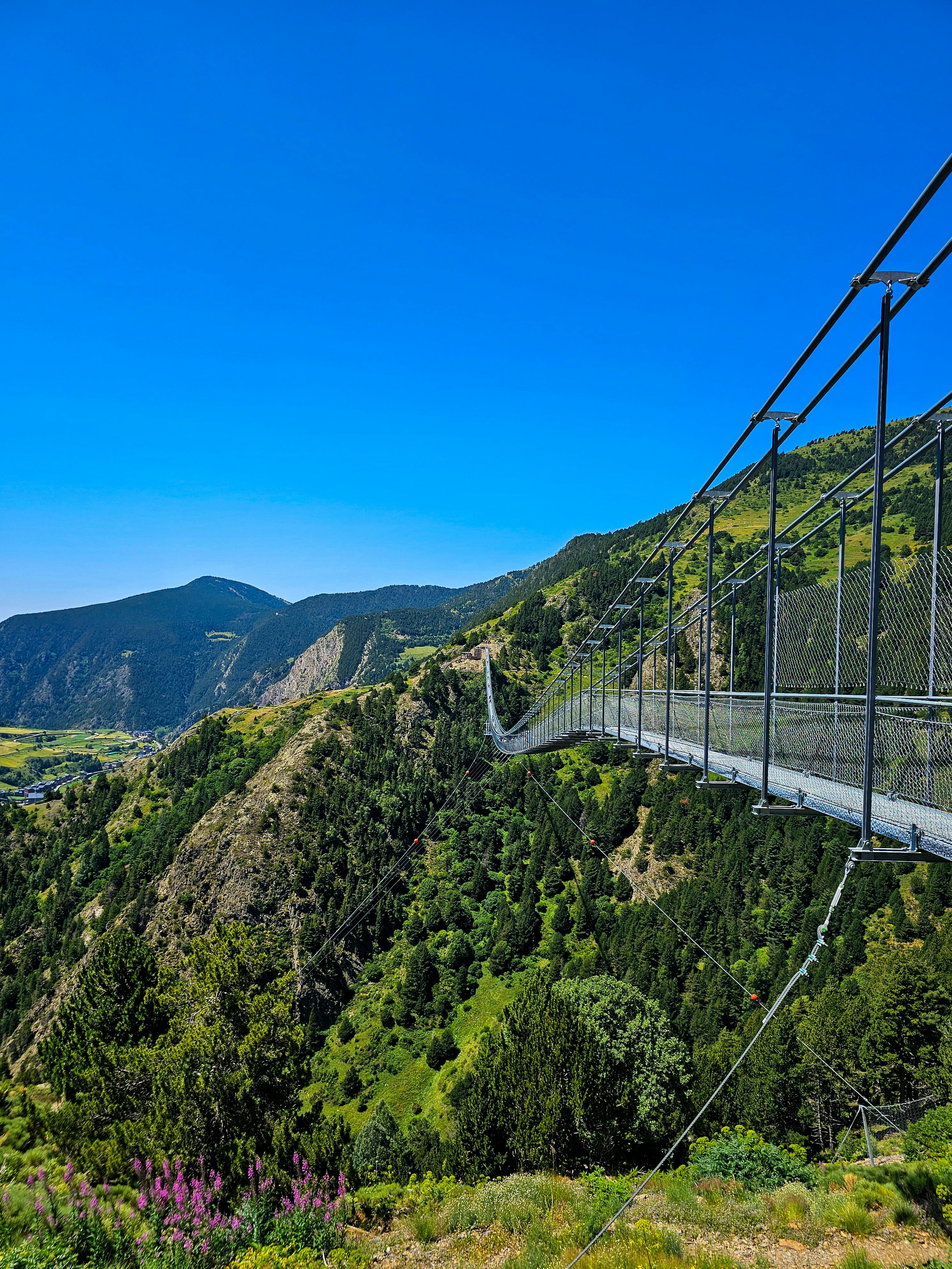 A suspension bridge over a valley with mountains in the background ...