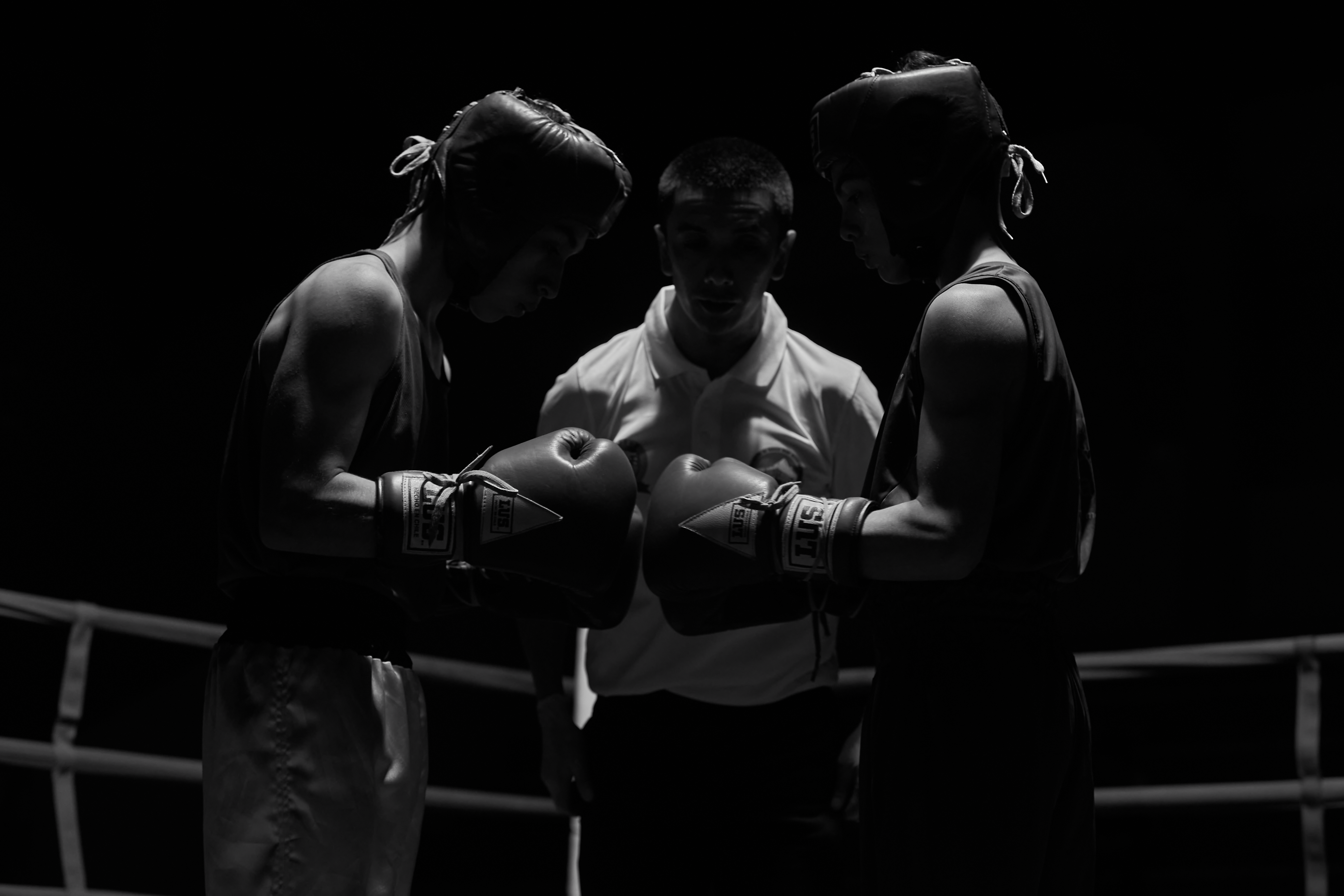 Grayscale Photography of Man Holding Boxer's Hand Inside Battle Ring ...