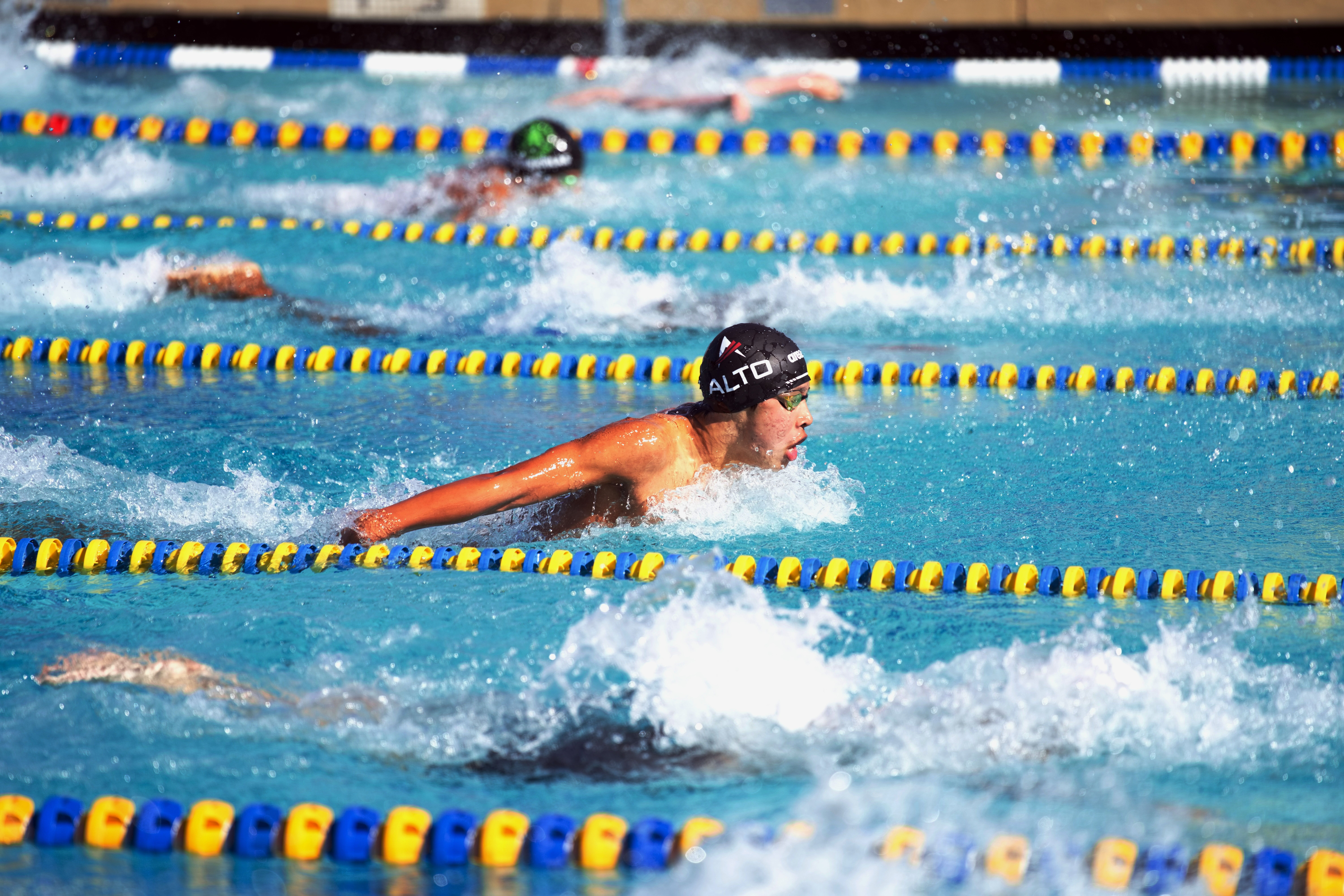 Swimmers in a pool with a yellow background · Free Stock Photo