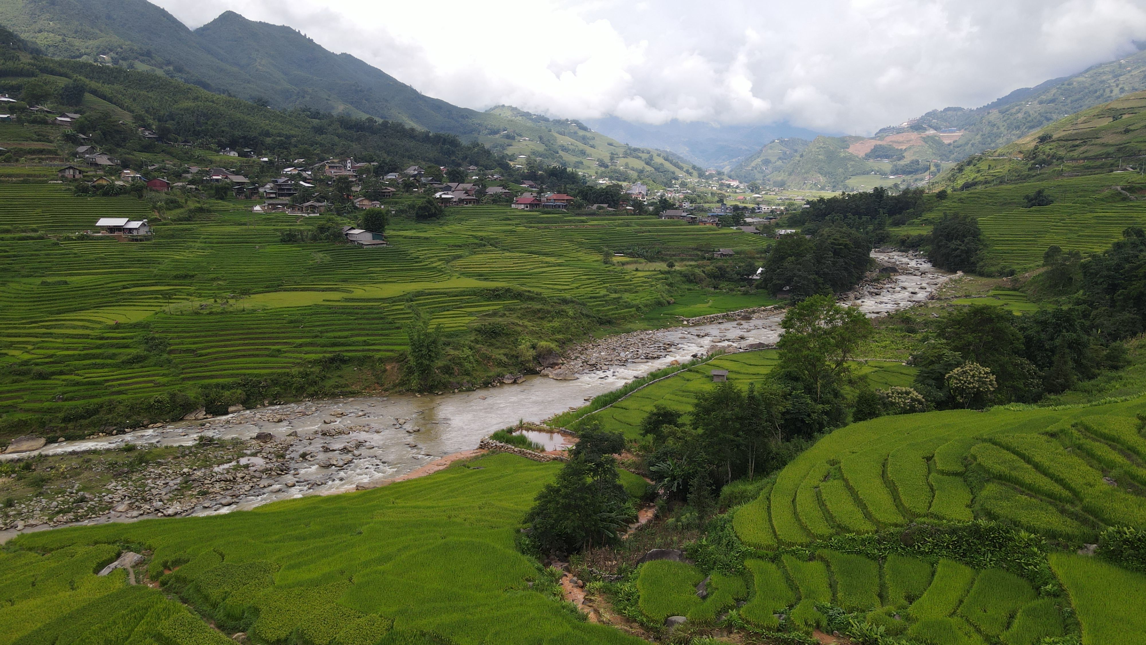 A view of a valley with rice fields and mountains · Free Stock Photo