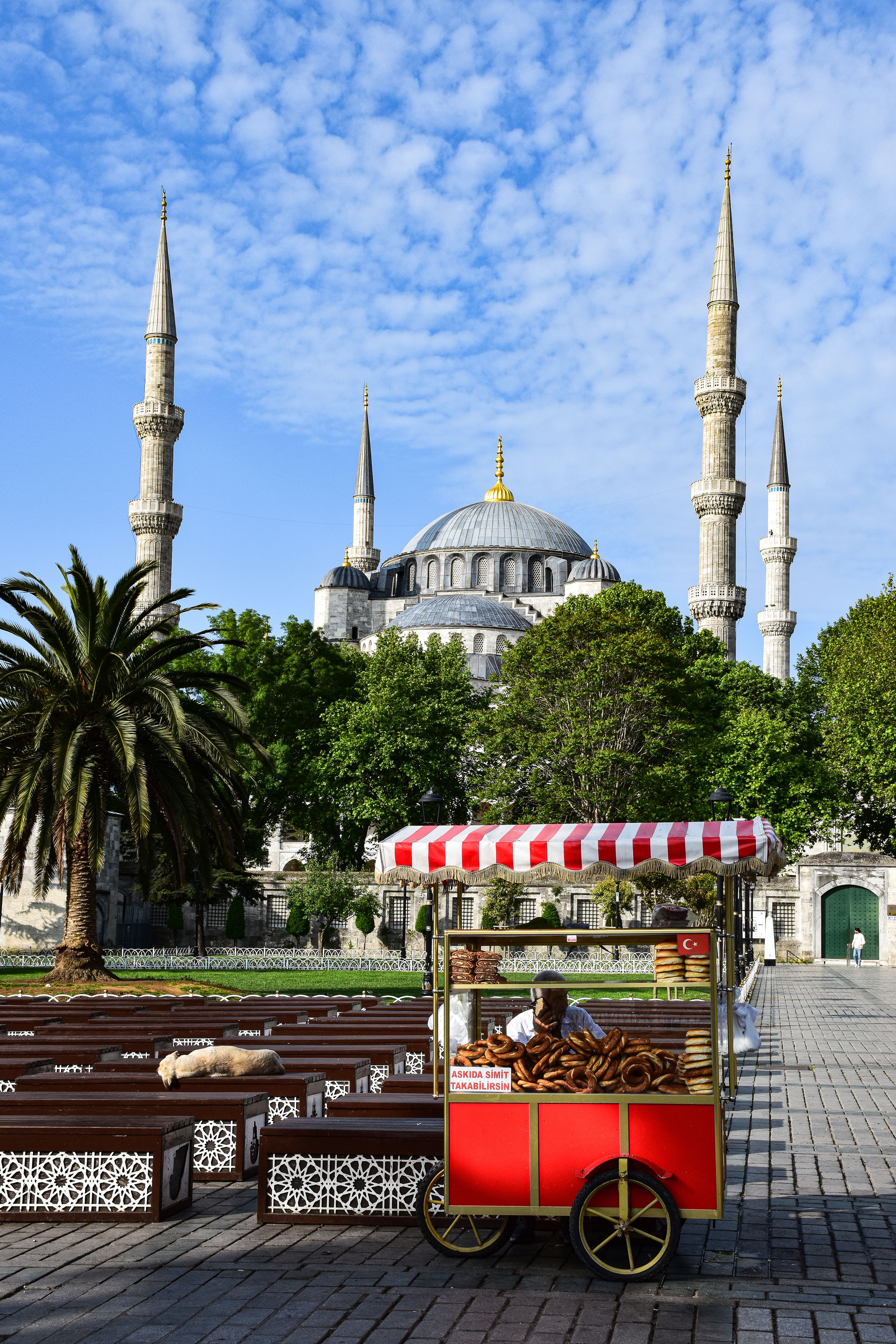 A cart with a sign that says 'tasty treats' in front of a mosque · Free ...
