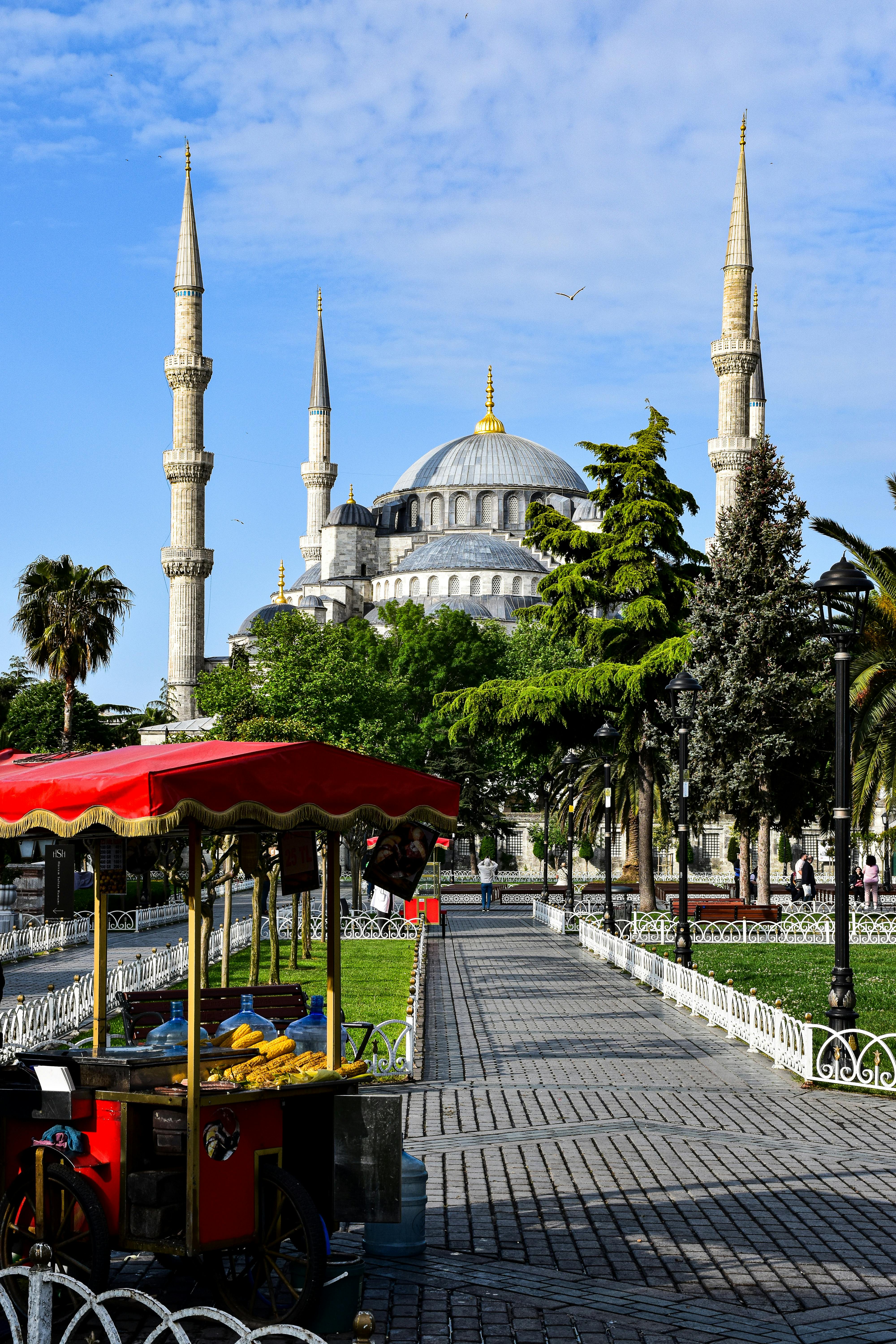 A cart is parked in front of the blue mosque · Free Stock Photo