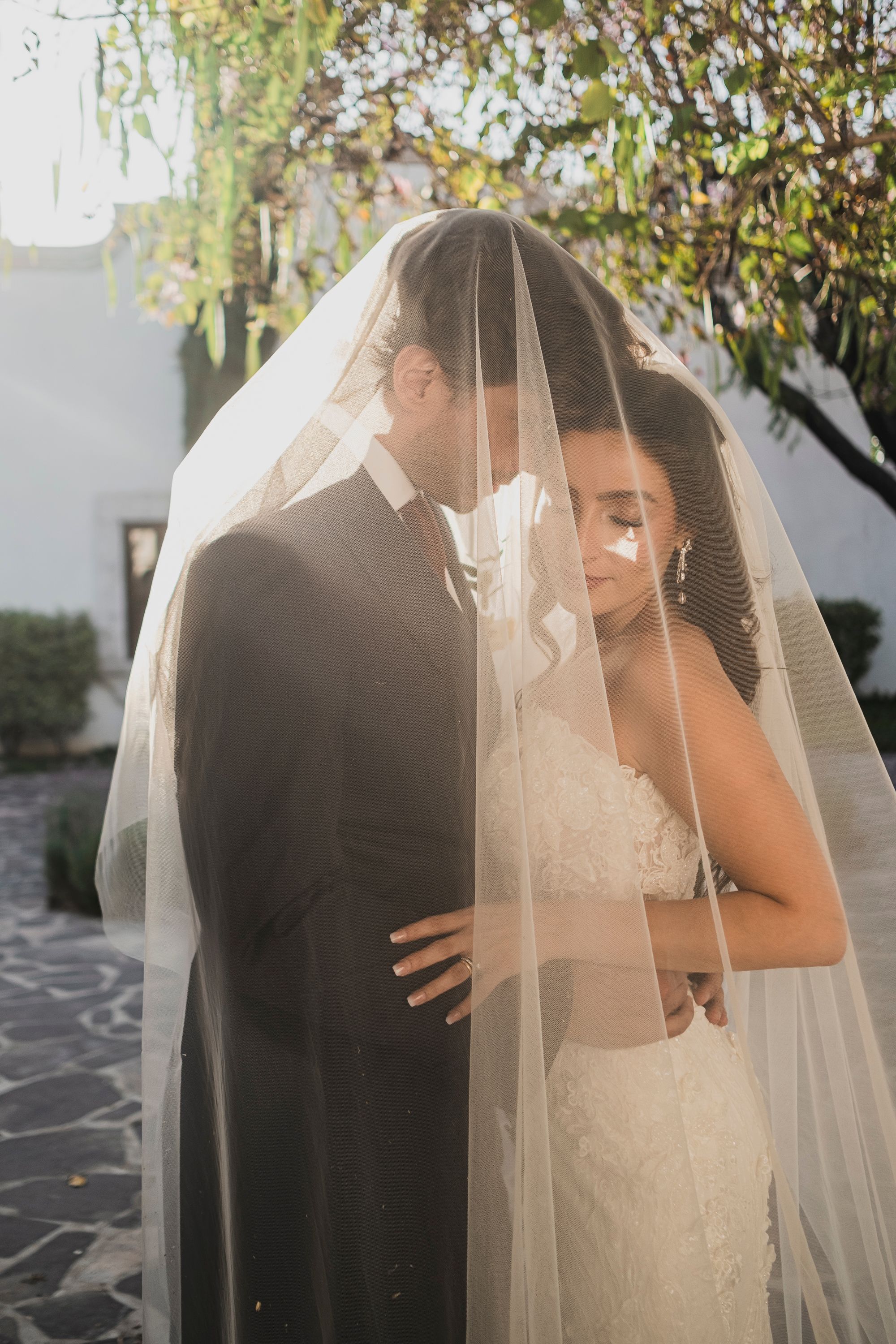 A bride and groom are hugging under a veil · Free Stock Photo