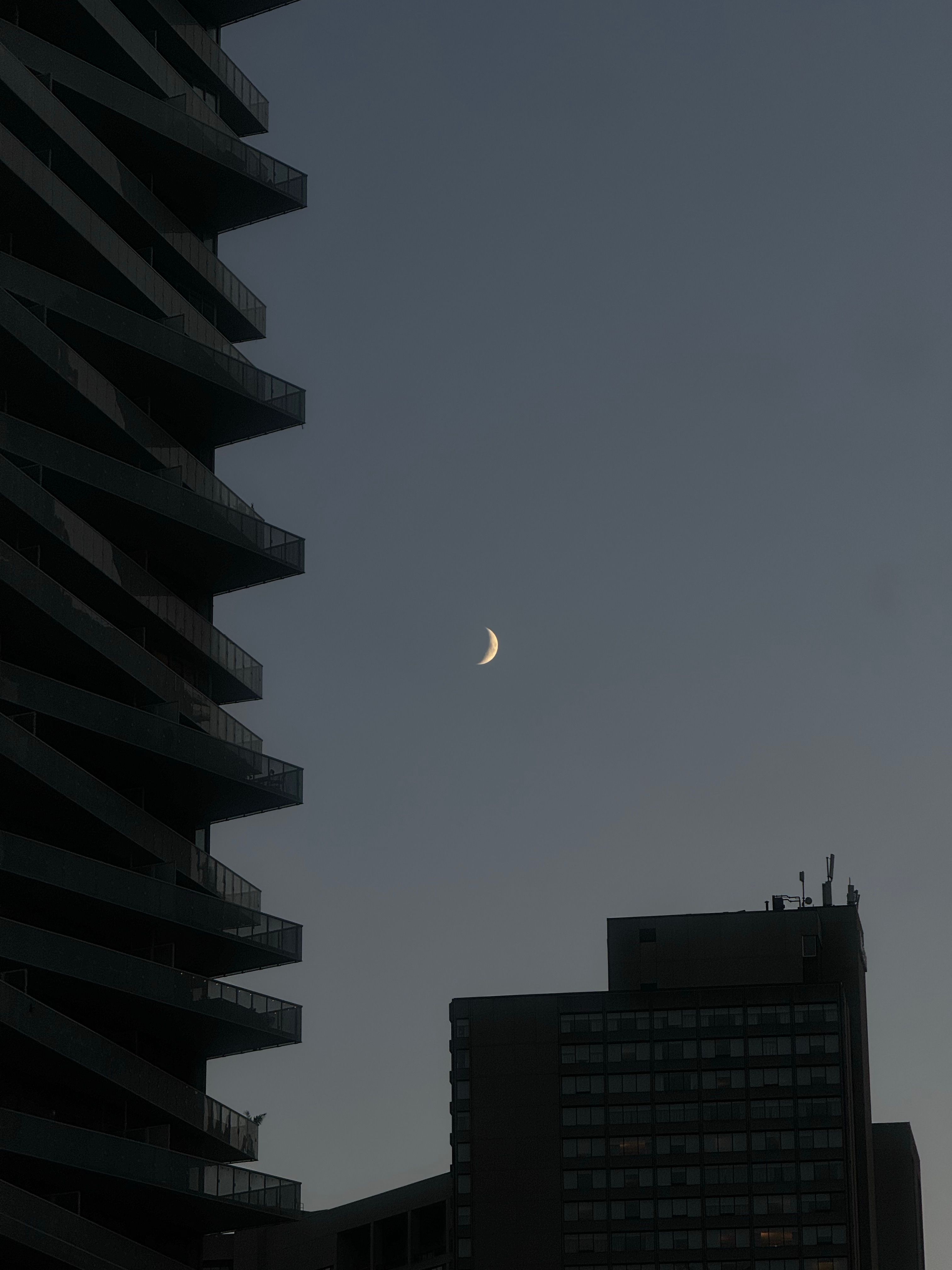 A crescent moon is seen in the sky above tall buildings · Free Stock Photo