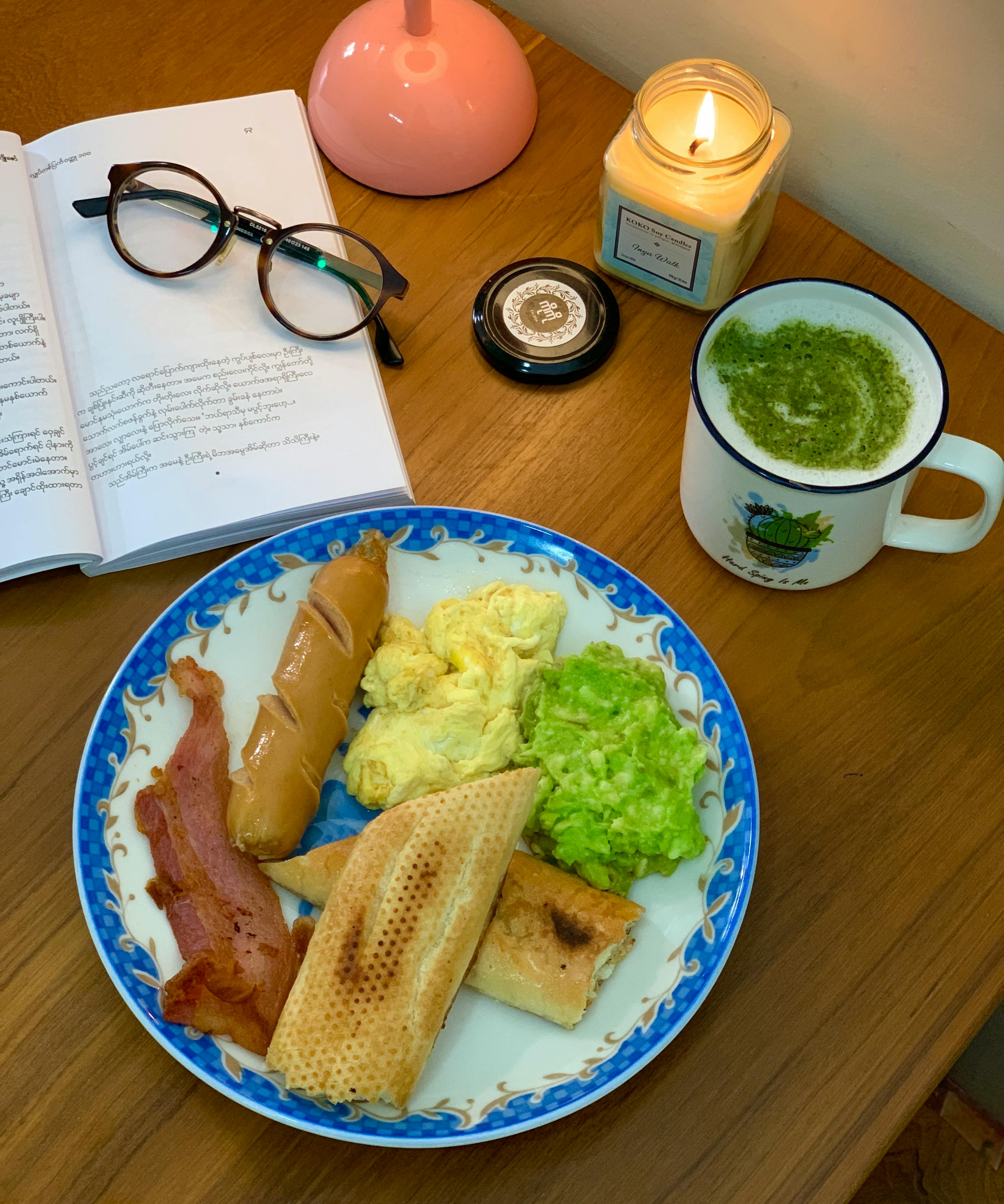 Tray with breakfast on bed near book · Free Stock Photo