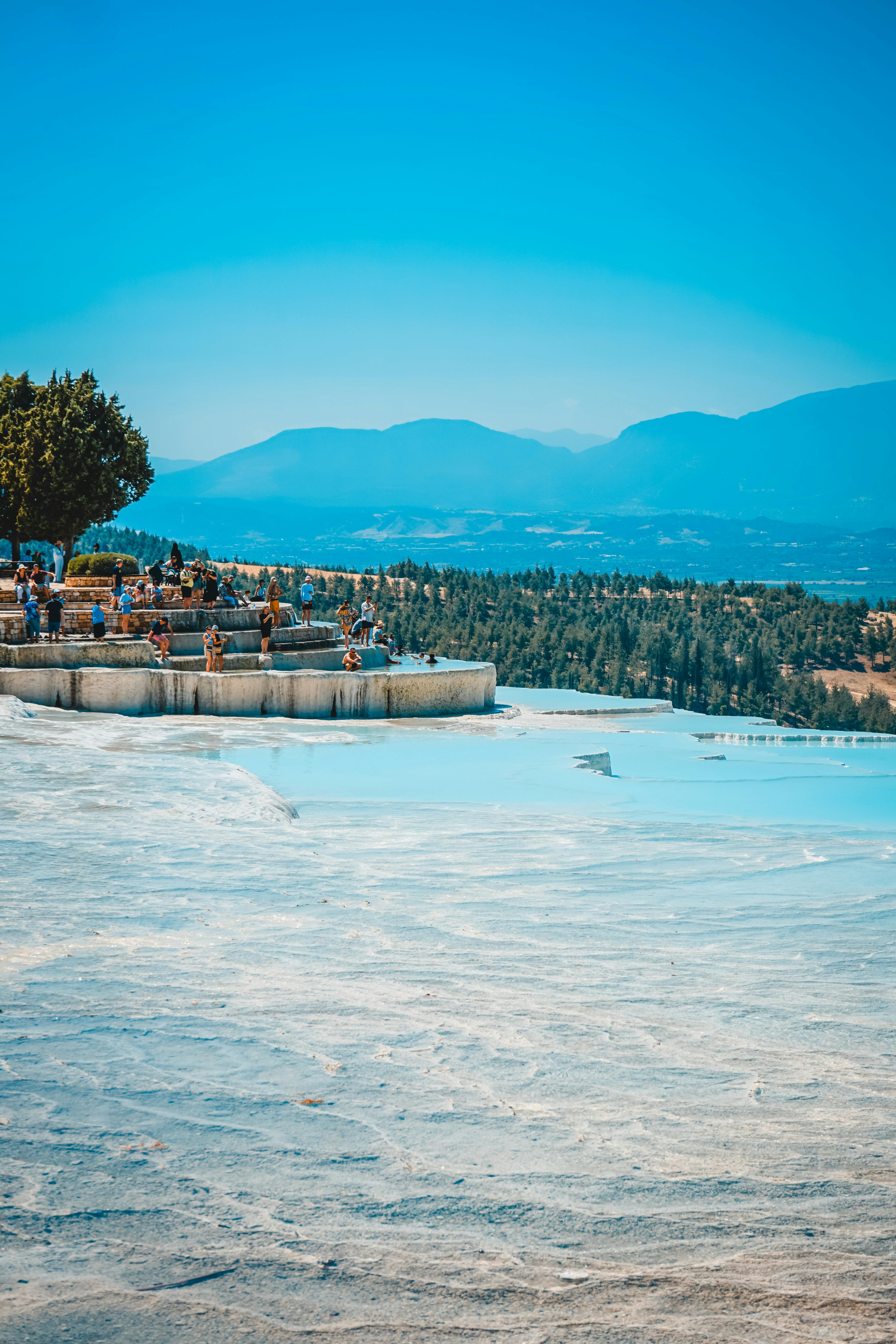 Turquoise pools in travertine terraces at Pamukkale, Denizli, Turkey ...