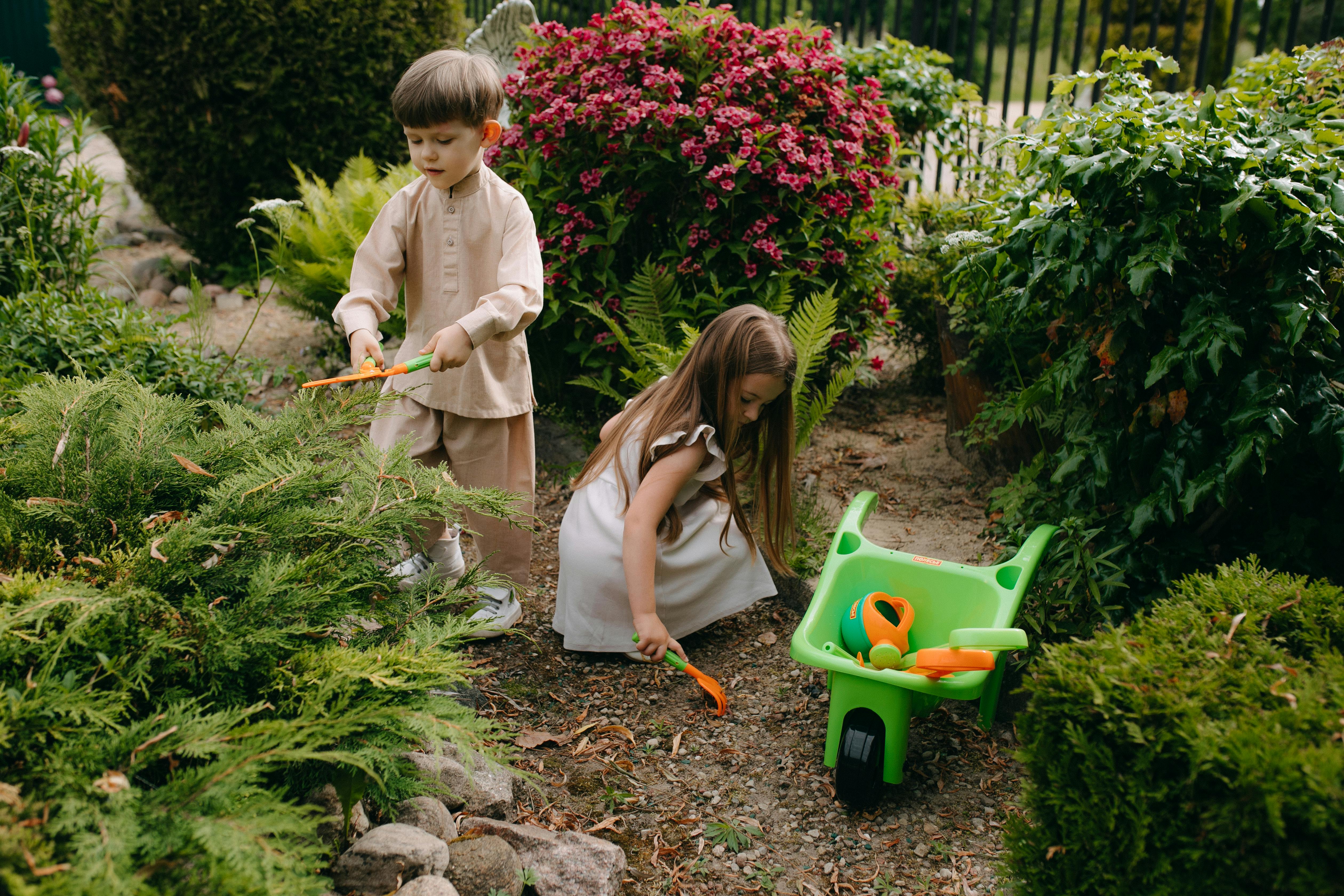 Two children playing in the garden with a wheelbarrow · Free Stock Photo