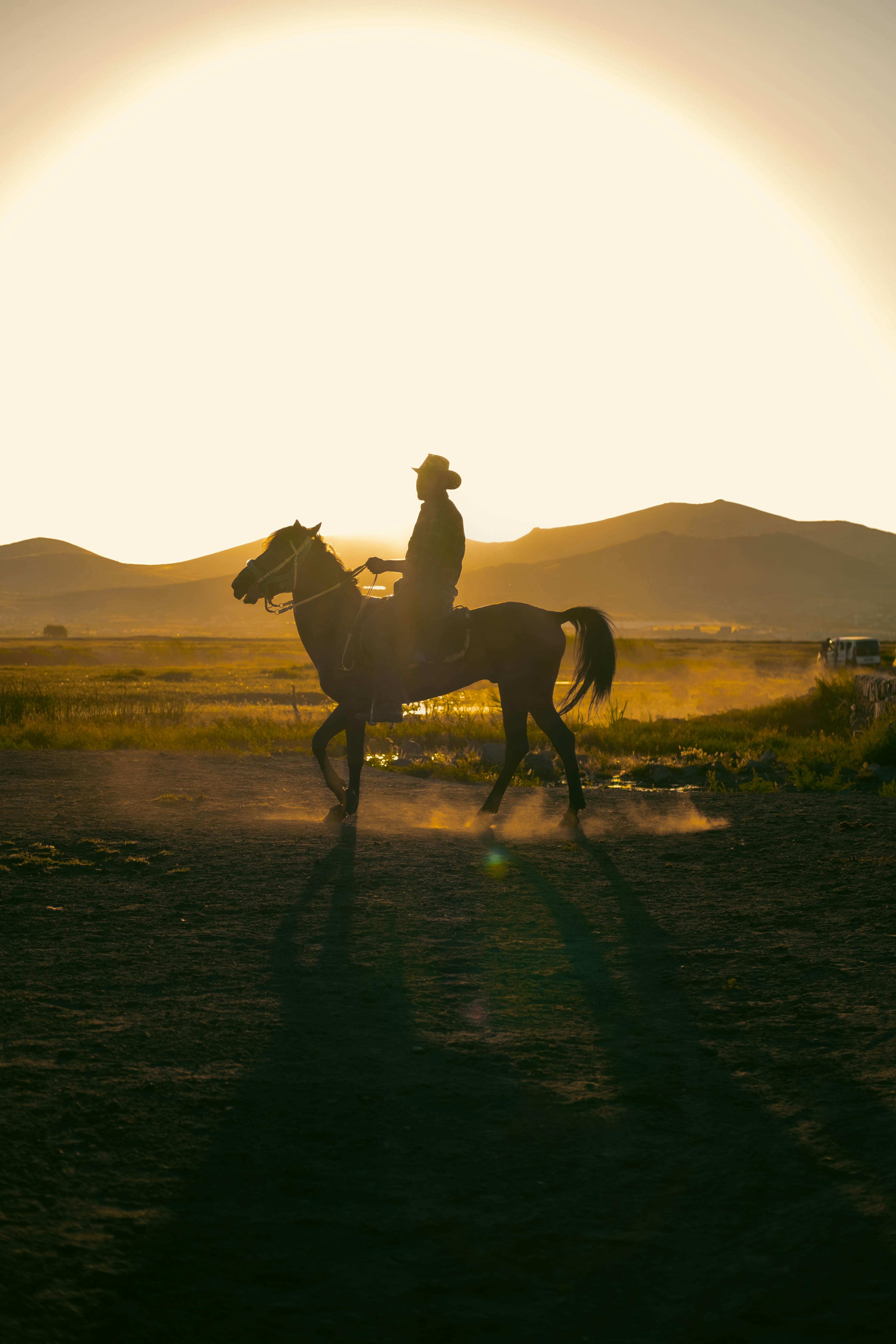 A man riding a horse at sunset · Free Stock Photo