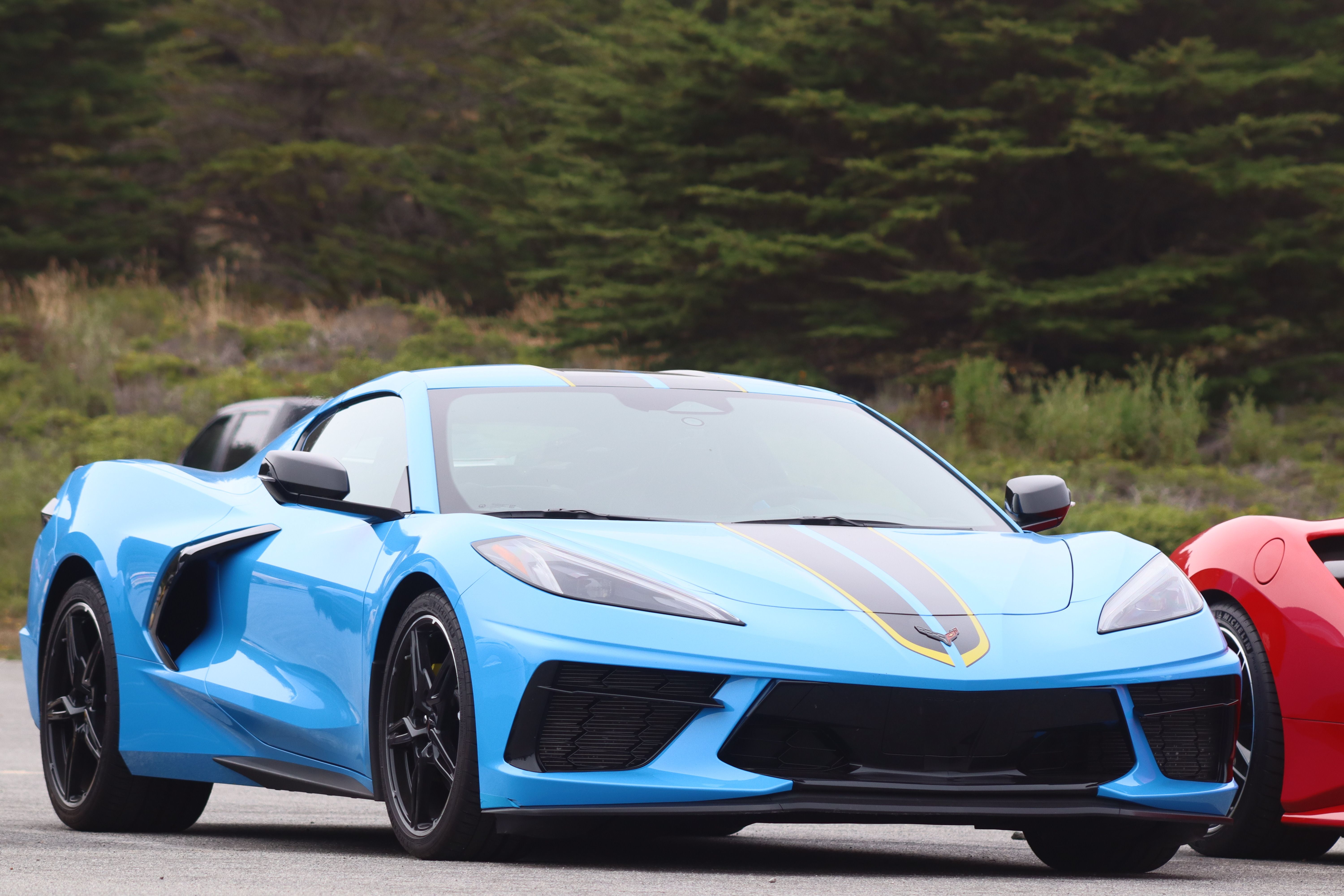 Two blue corvette cars are driving on a road · Free Stock Photo