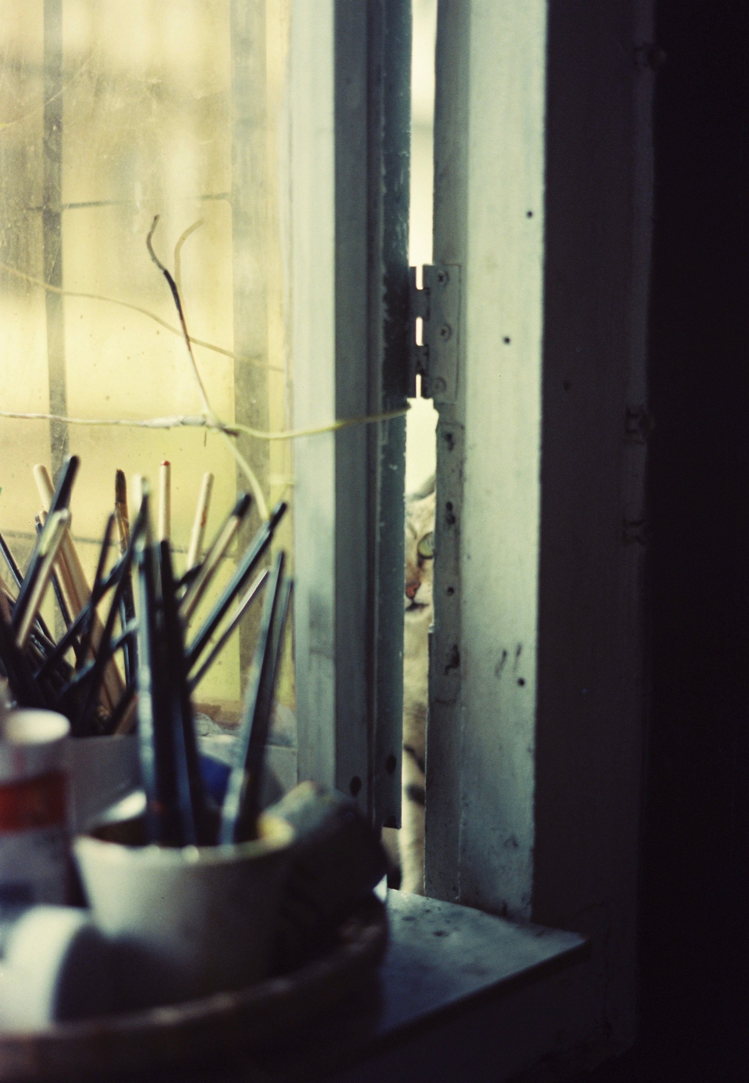 A window with a view of a painting studio · Free Stock Photo