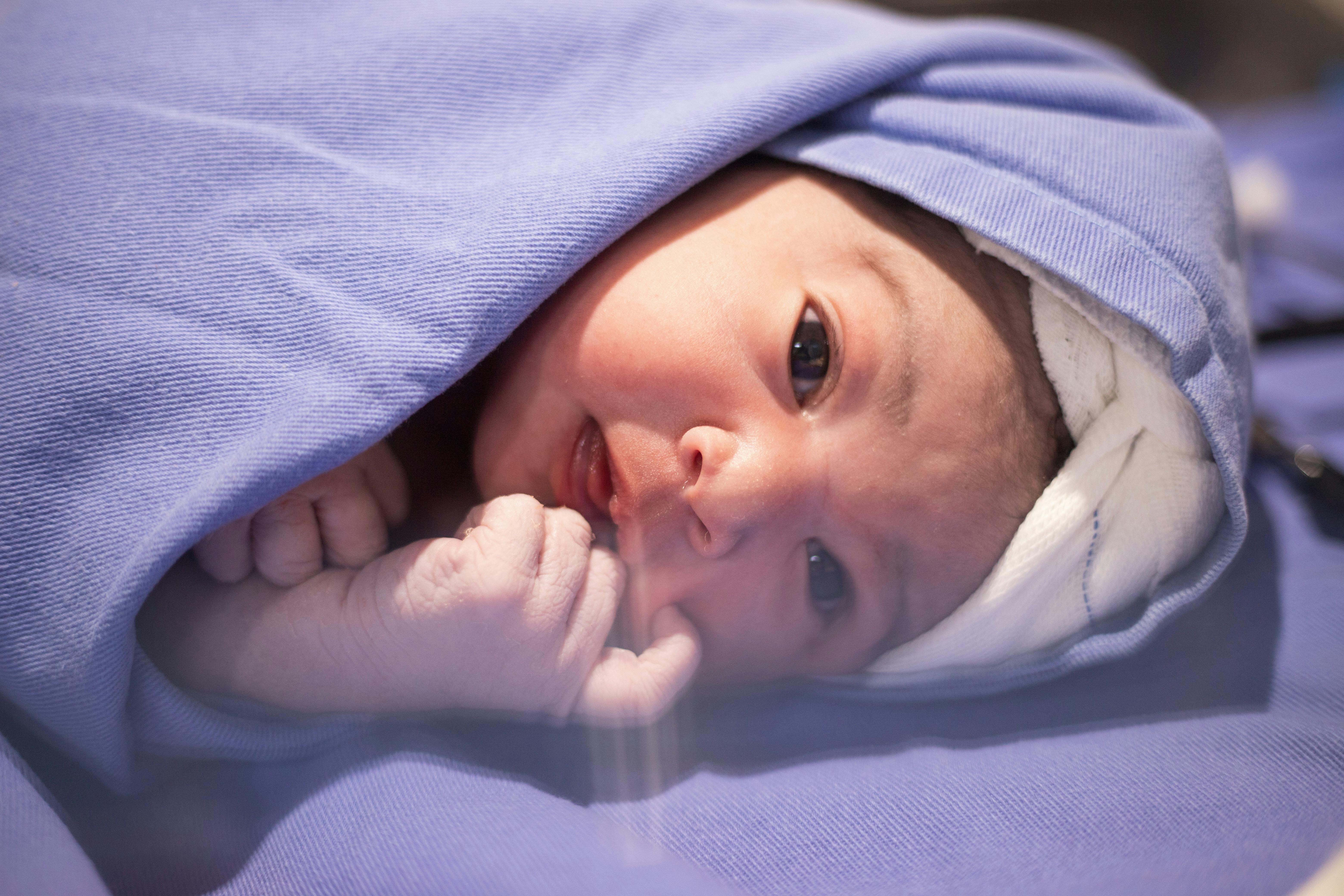 A newborn baby wrapped in a blue blanket · Free Stock Photo