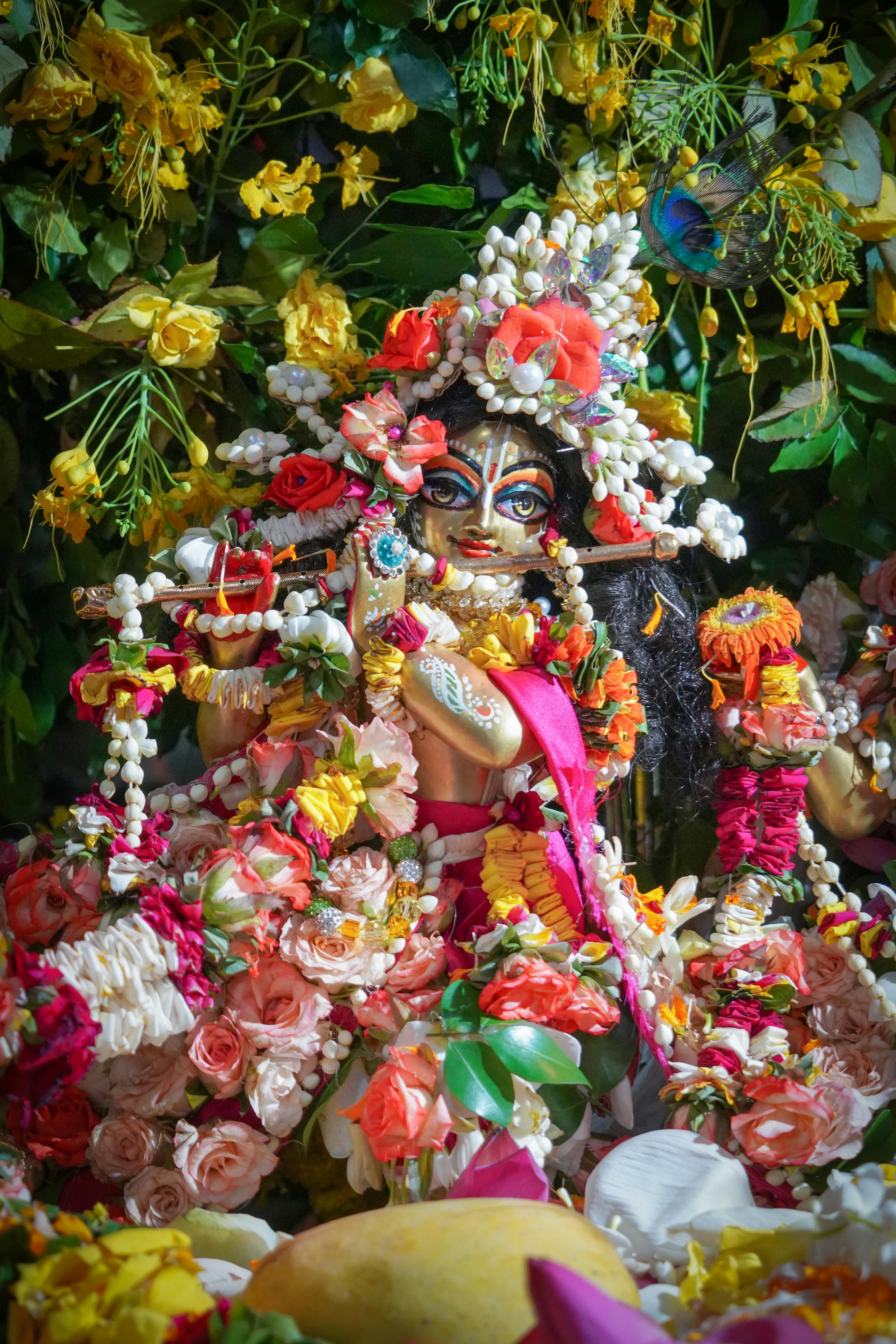 A statue of lord krishna is surrounded by flowers · Free Stock Photo
