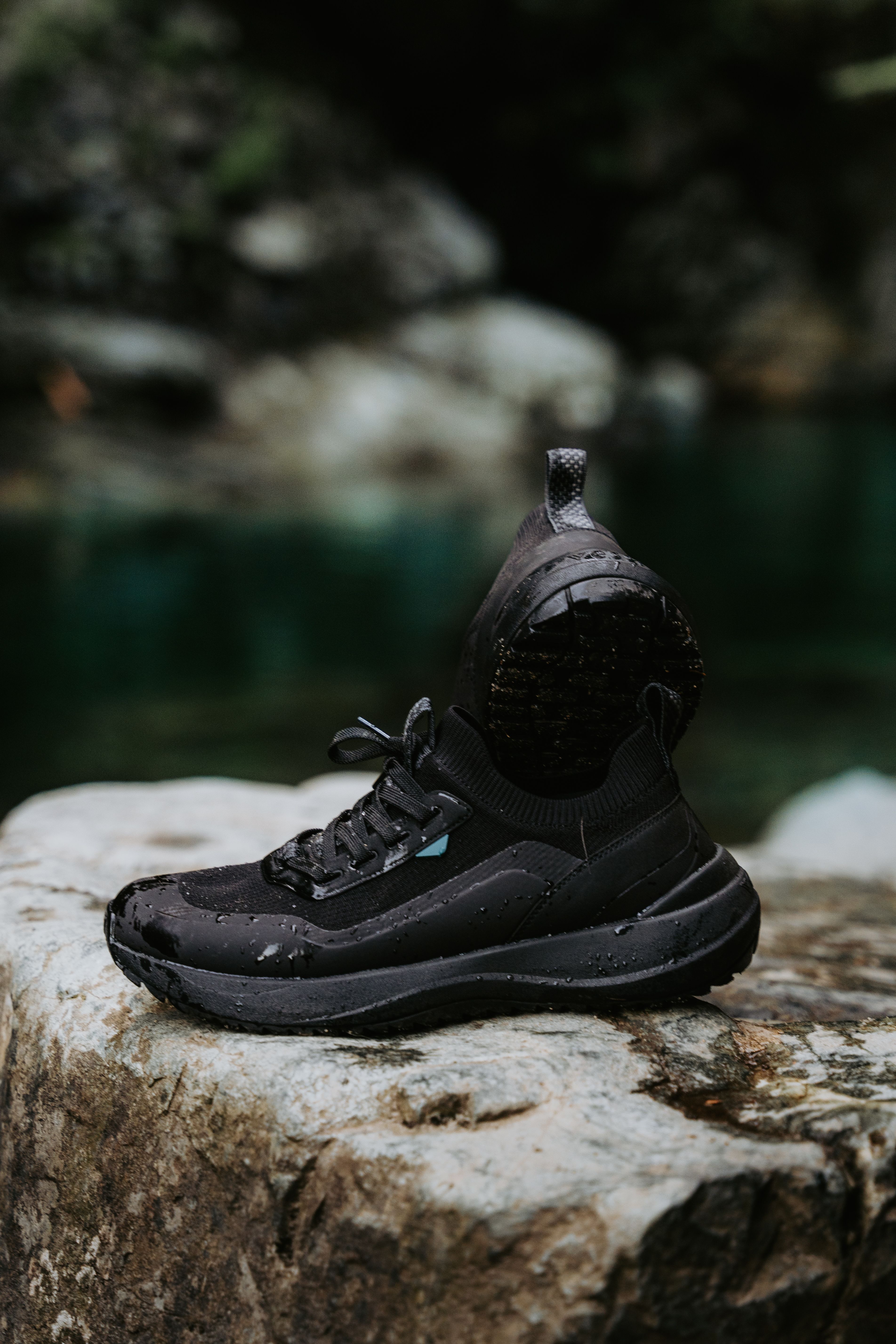 A black shoe on a rock by a river · Free Stock Photo