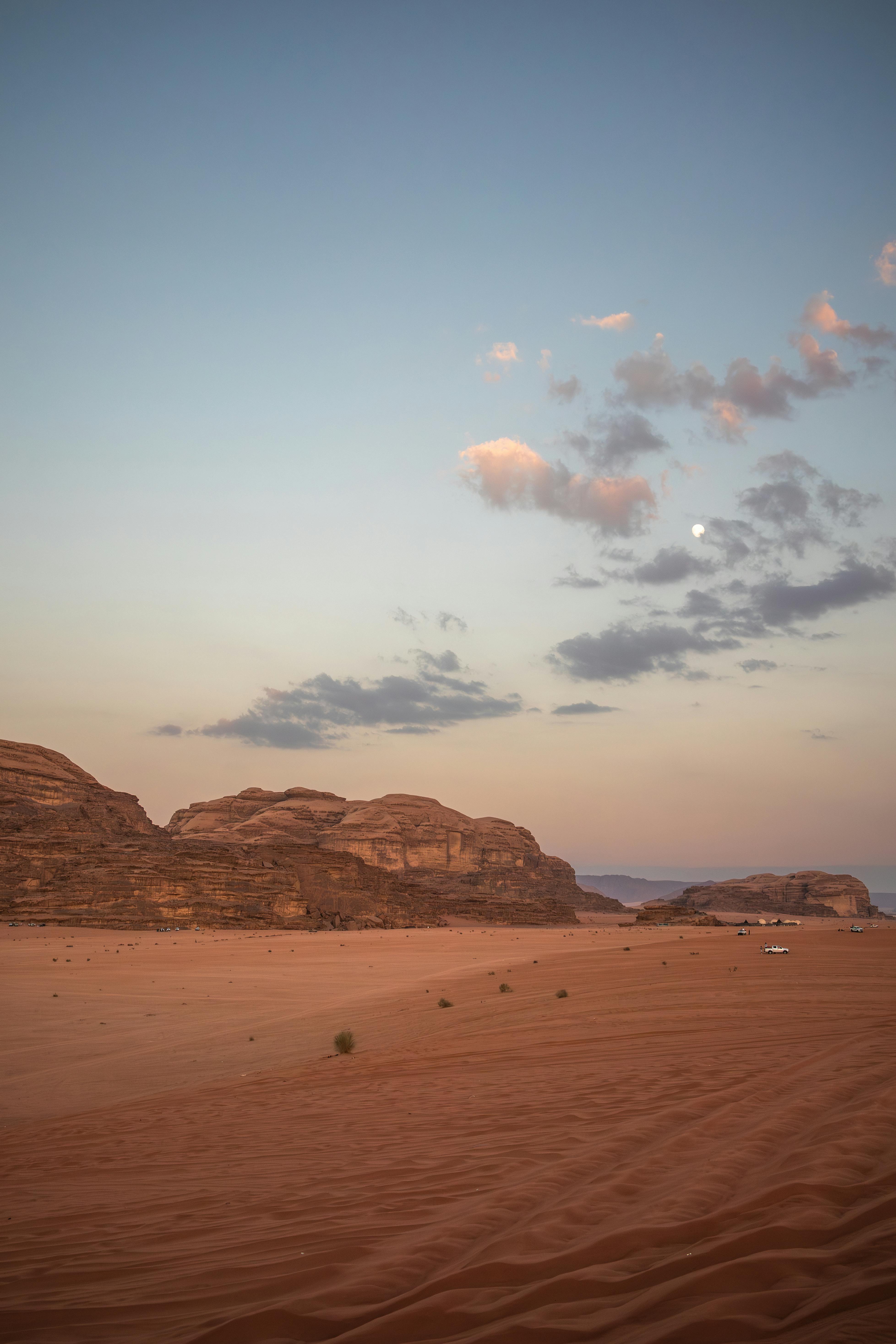 Vertical Evening Landscape of Wadi Rum with Rock Formation, Moon and ...