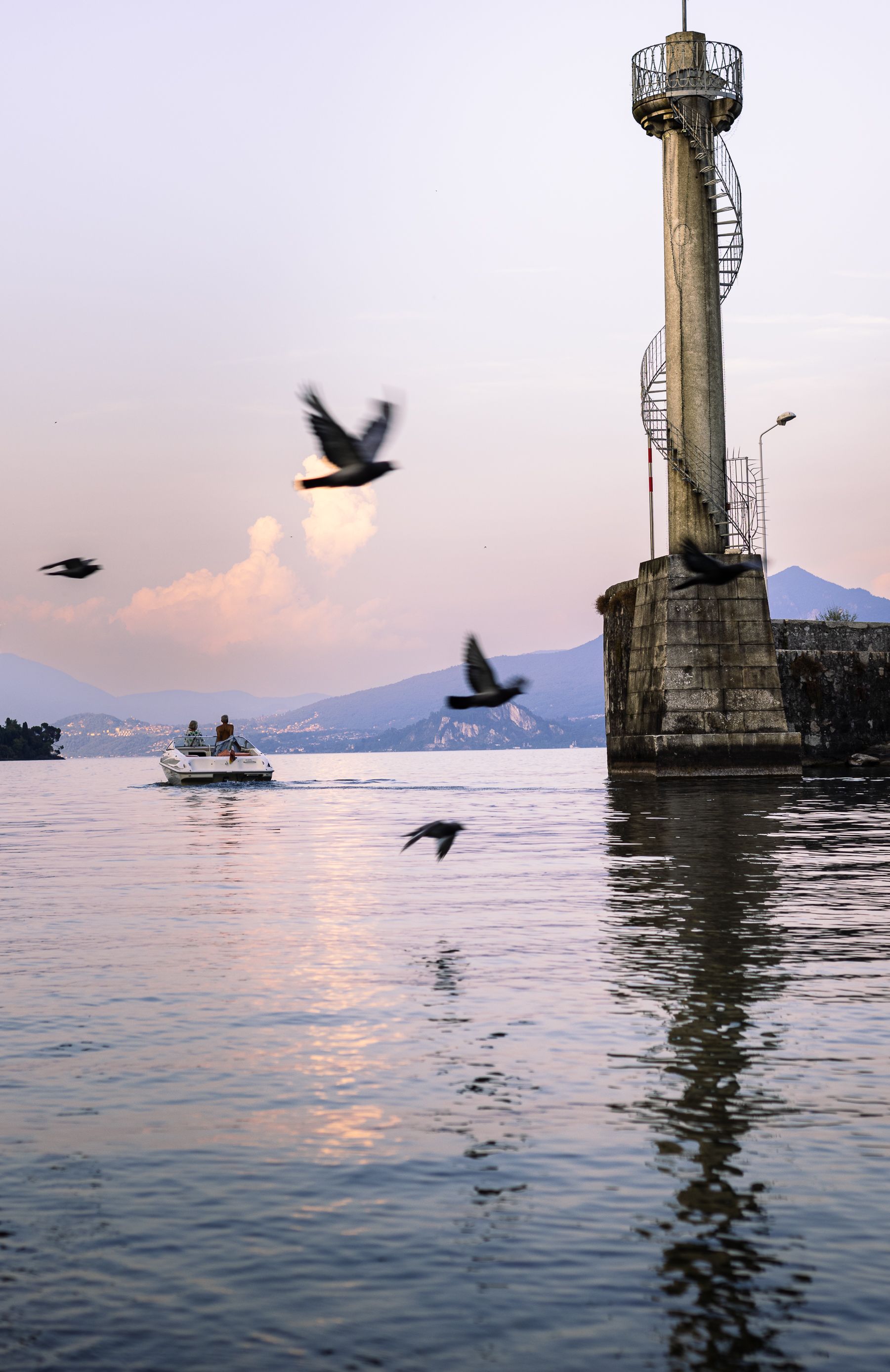 A bird flies over the water near a lighthouse · Free Stock Photo