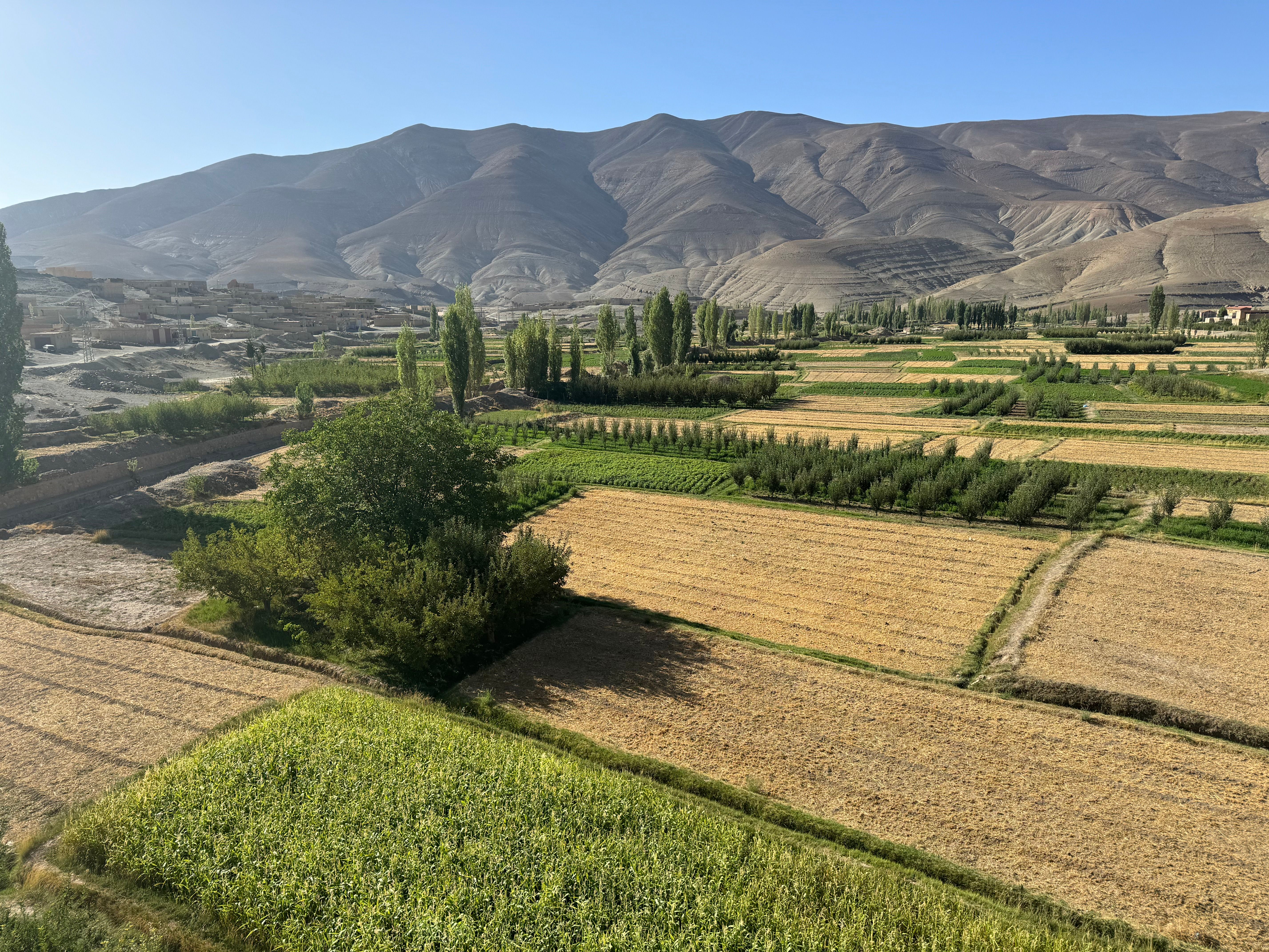 A view of a farm with fields and mountains in the background · Free ...