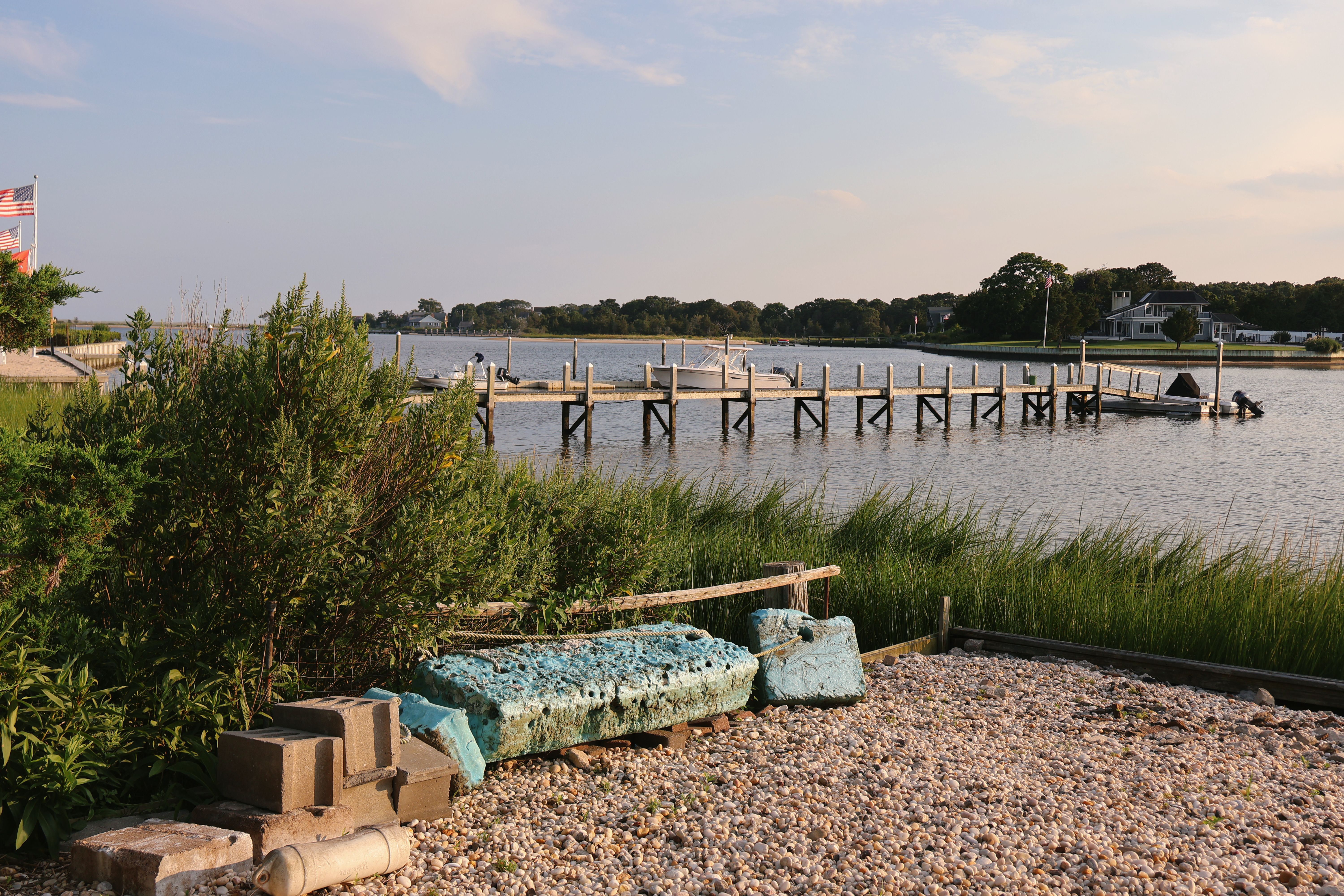 A bench is sitting on the shore next to a dock · Free Stock Photo