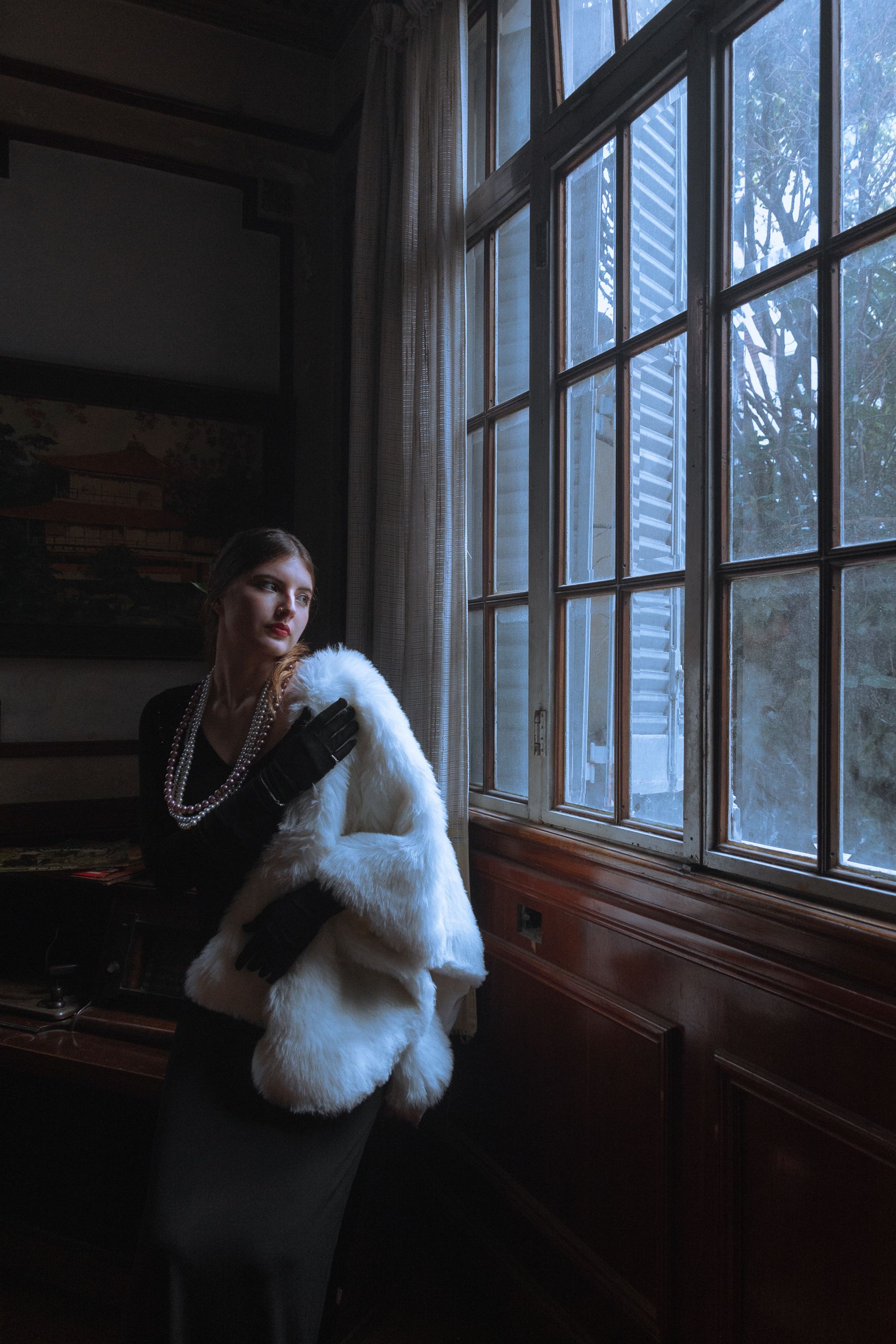 A woman in a dress and fur coat sitting by a window · Free Stock Photo