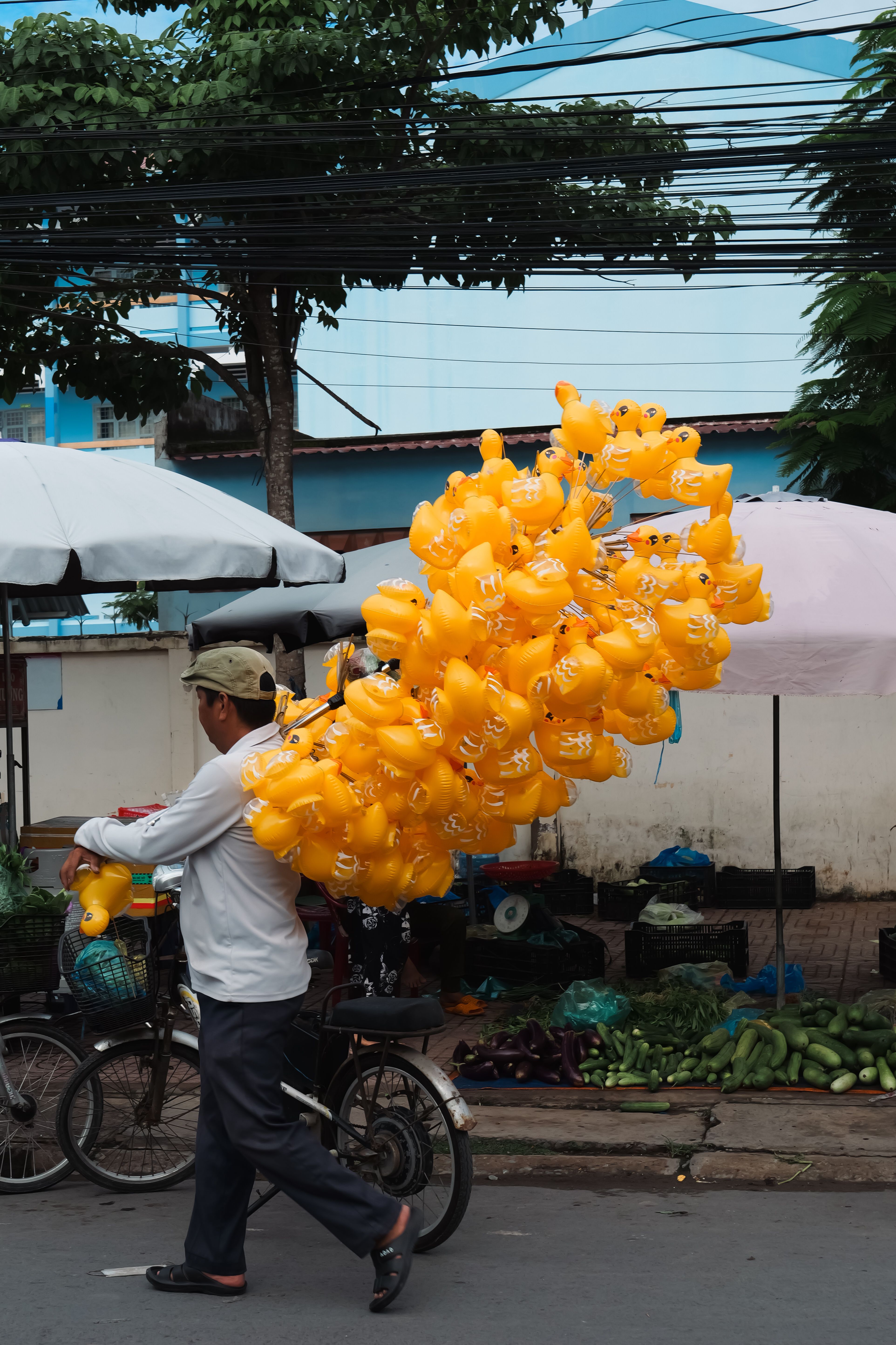 A man carrying a bunch of balloons on his back · Free Stock Photo